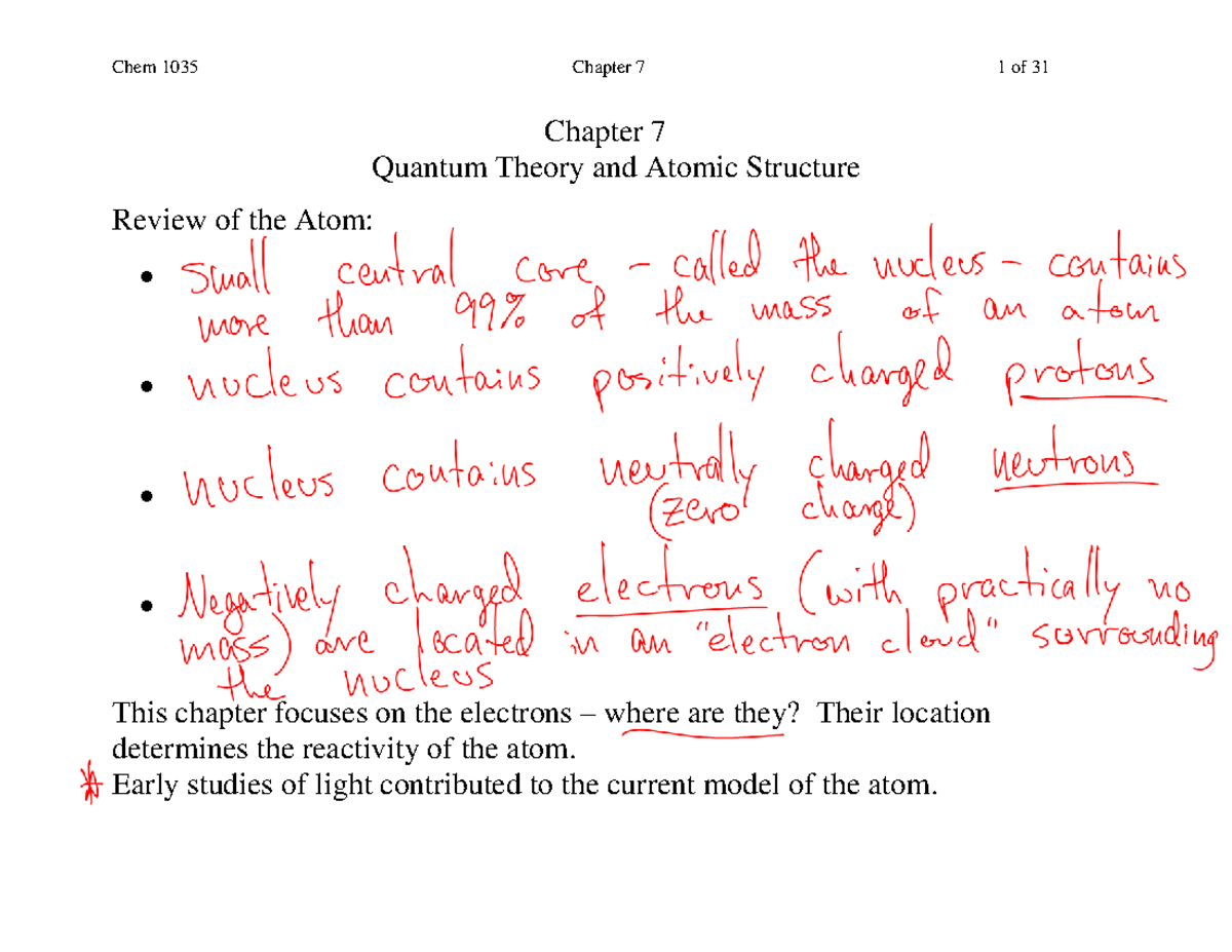 Chem- Chap7Notes - Chapter 7 Quantum Theory and Atomic Structure Review ...