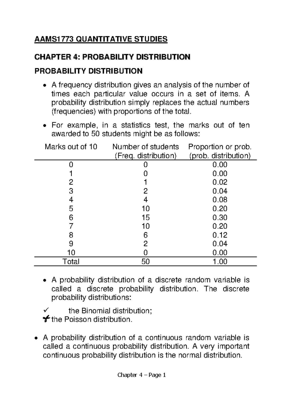 4 Probability Distribution - AAMS1773 QUANTITATIVE STUDIES CHAPTER 4 ...