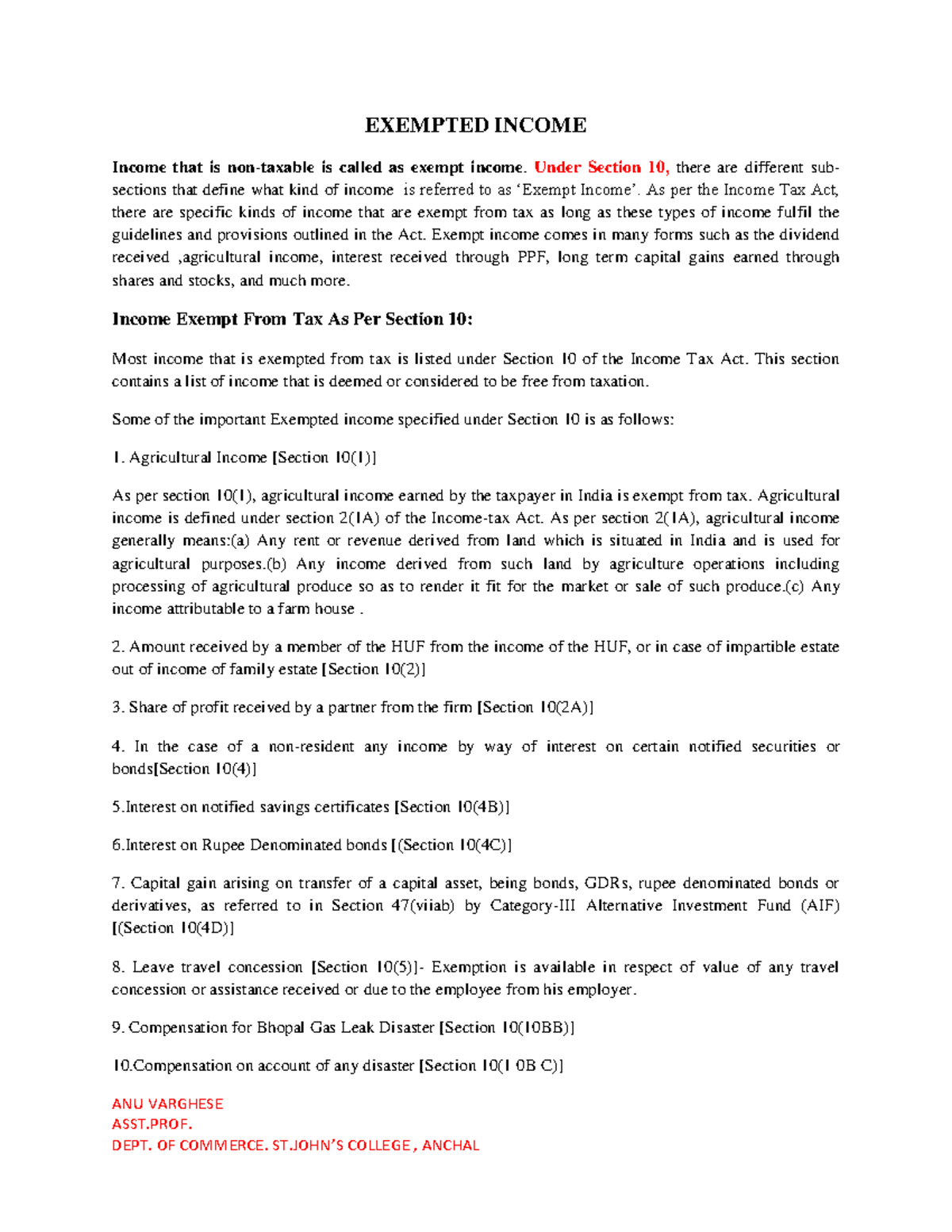 Exempted Income - ANU VARGHESE ASST. EXEMPTED INCOME Income that is non ...