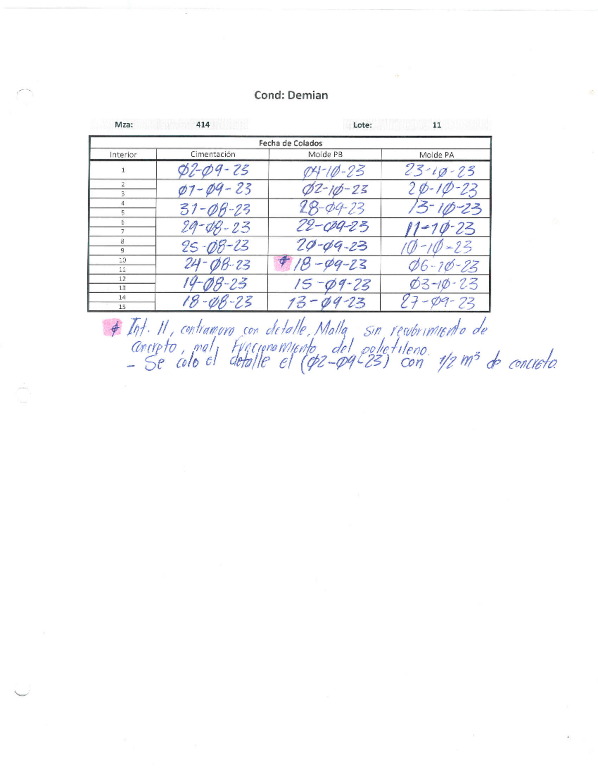 3.- Control Colados - Cond. Rio Demian -13B - modelado de piezas - Cond: Demian Mza: 414 Lote ...
