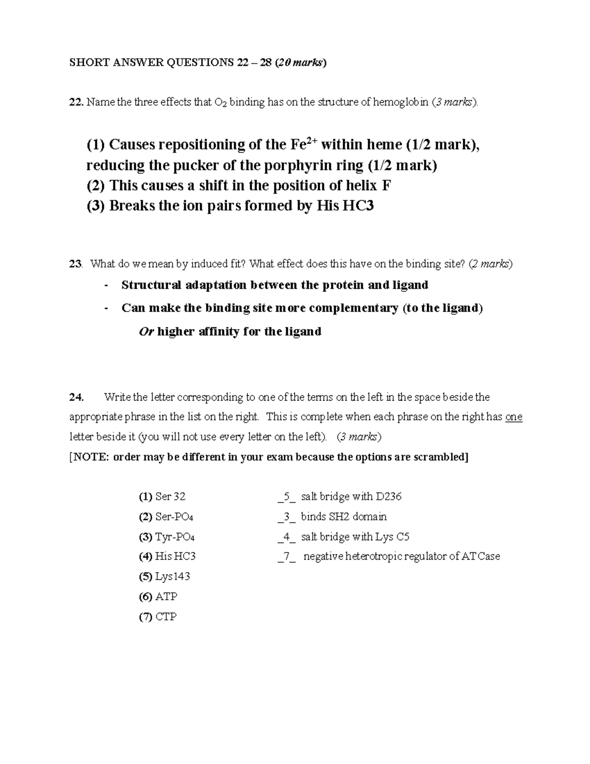 BIOC3560 W24 short answer students - SHORT ANSWER QUESTIONS 22 – 28 ...