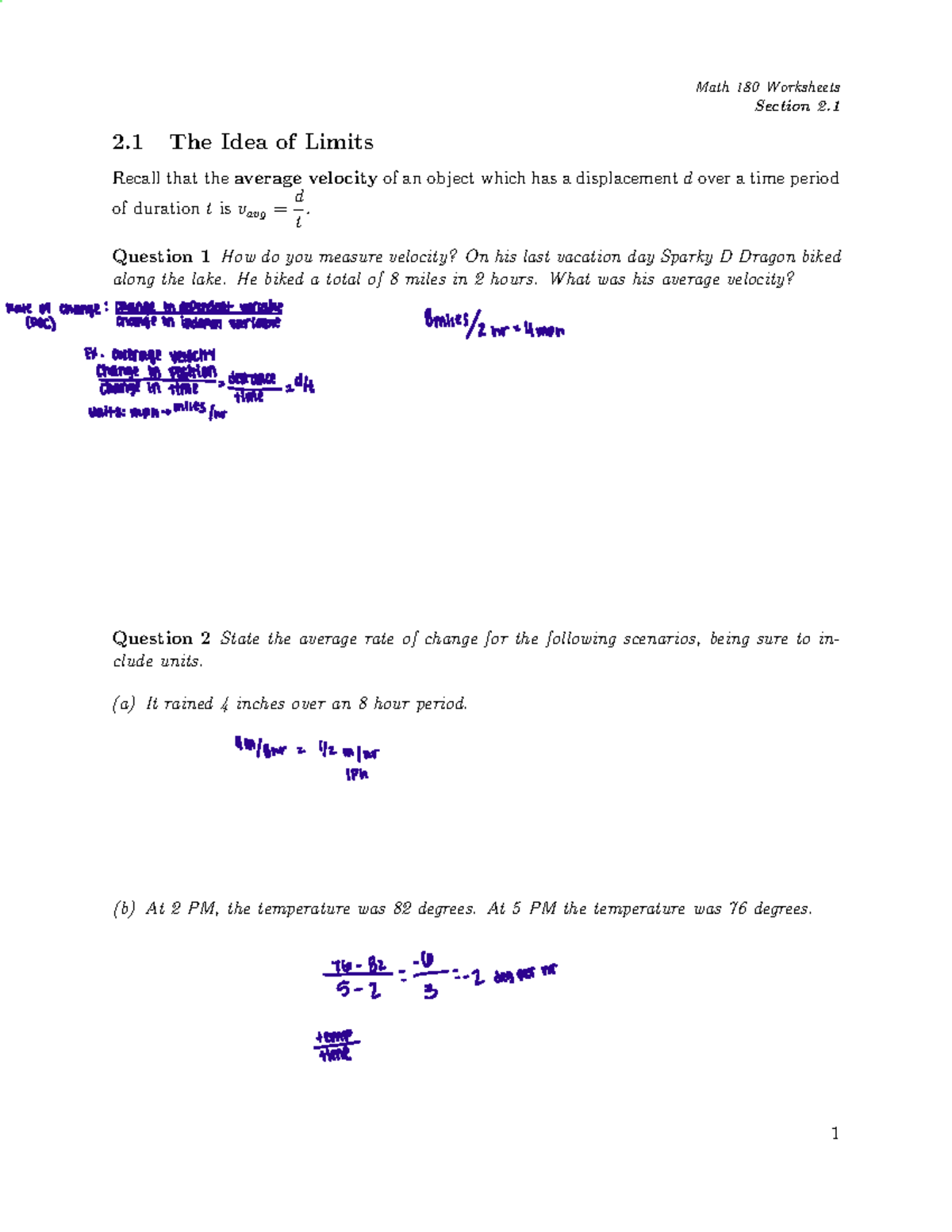 2-1 - notes - Math 180 Worksheets Section 2. 2 The Idea of Limits ...