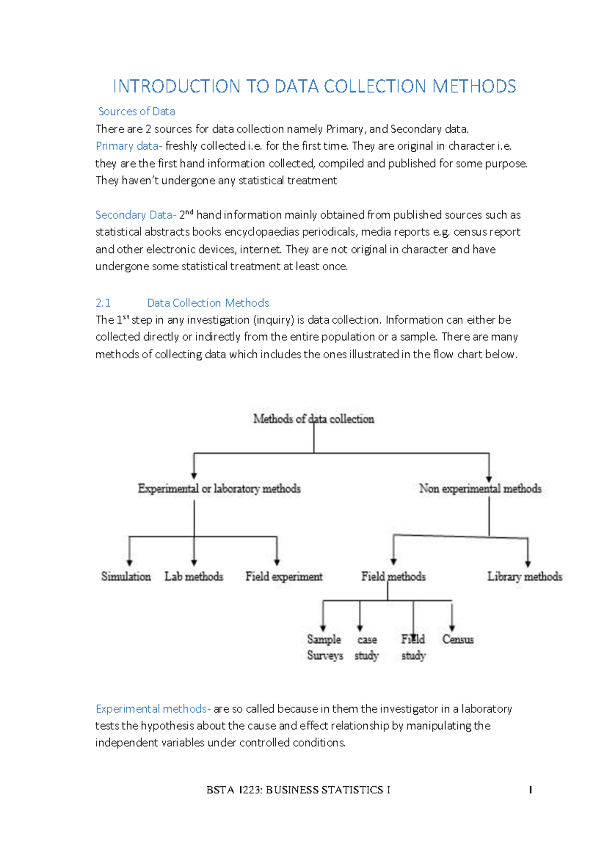 Chapter TWO - INTRODUCTION TO DATA COLLECTION METHODS Sources of Data ...