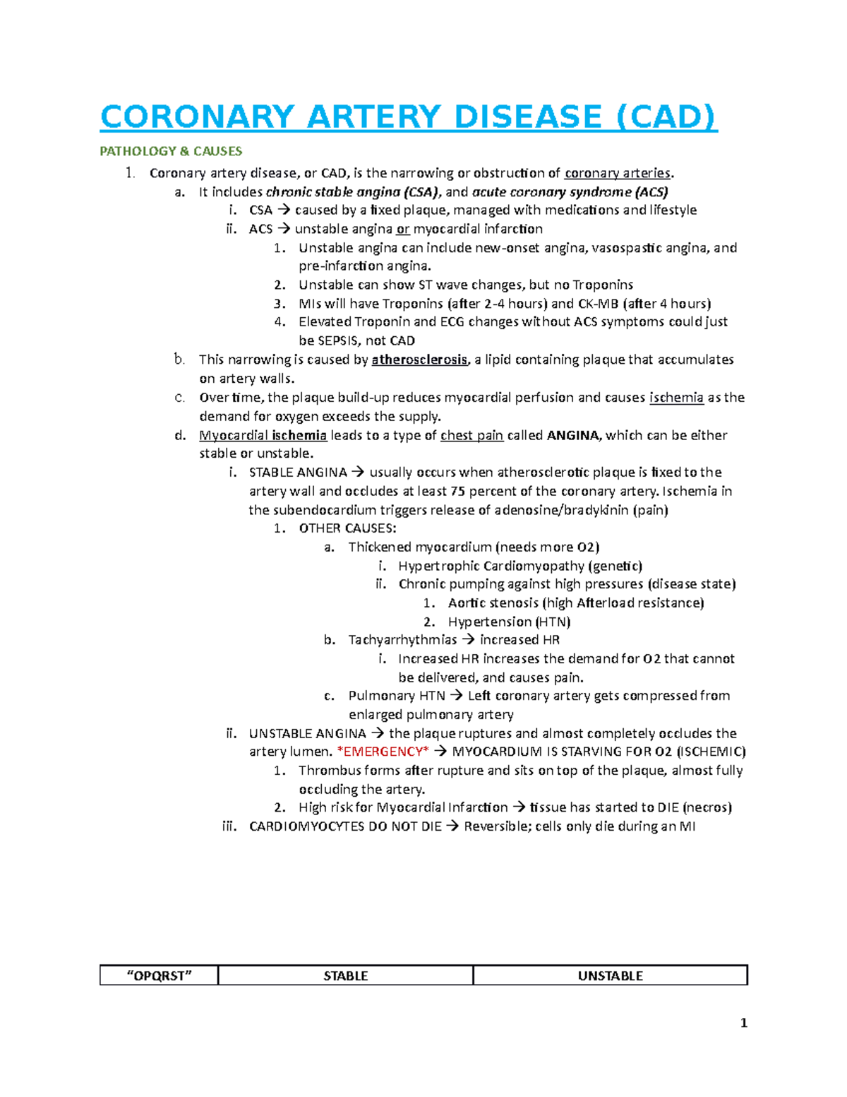 NSG 210 Coronary Artery Disease (CAD) - Nursing - CORONARY ARTERY ...