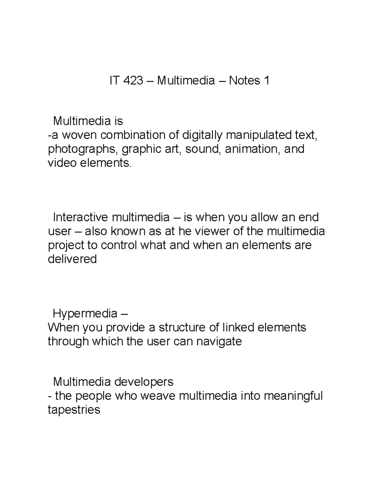 Multimedia Introduction notes - Studocu
