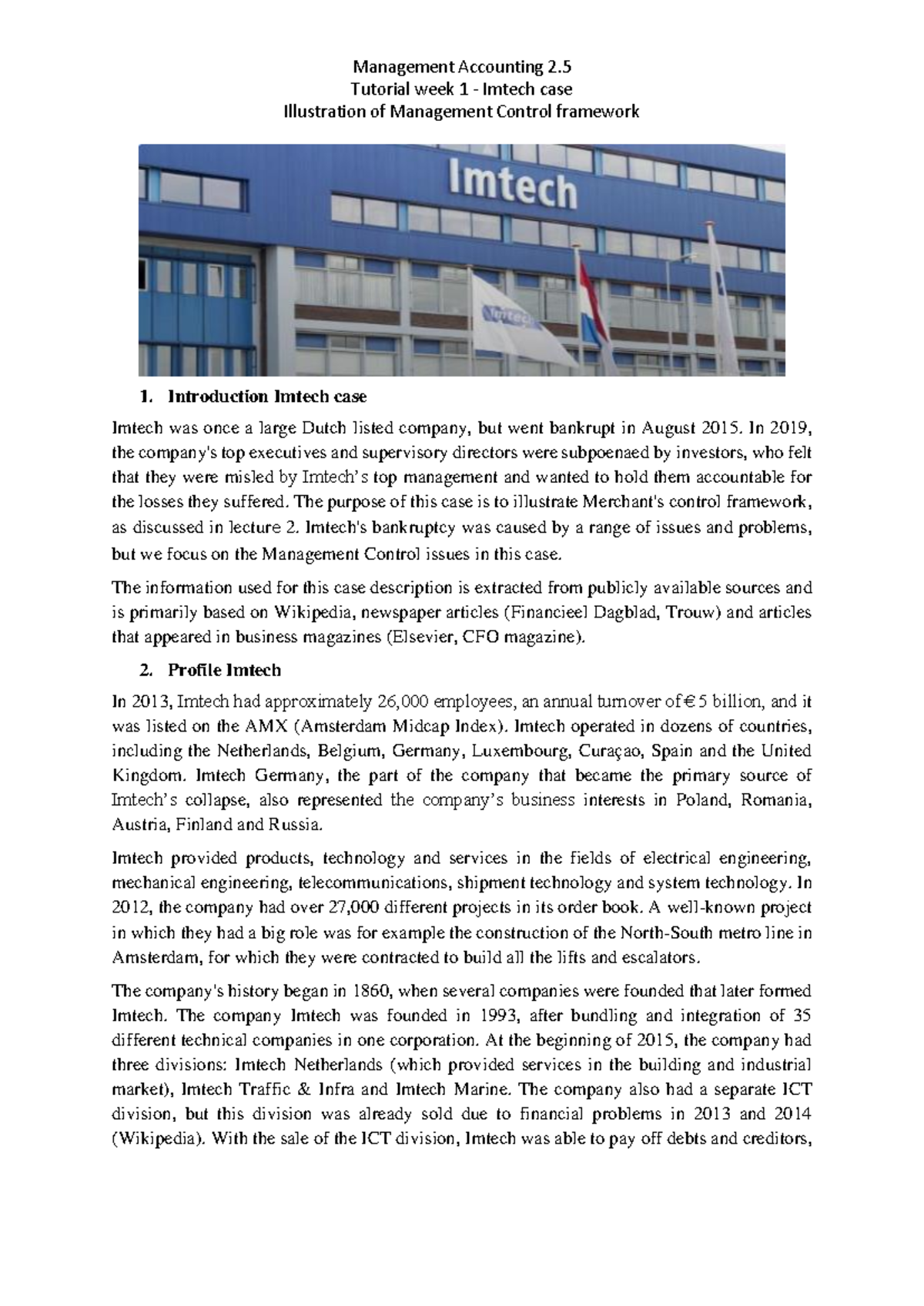 Imtech case (2024) - Tutorial week 1 - Imtech case Illustration of Management Control framework ...