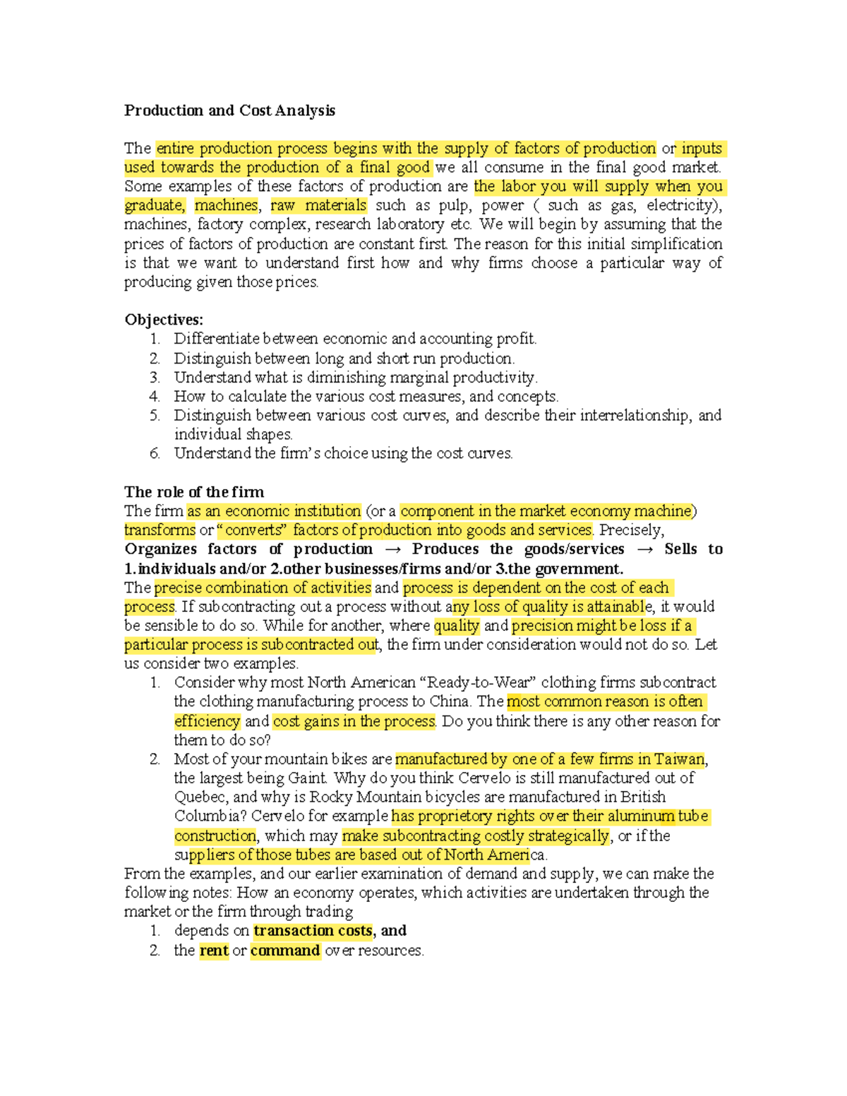 Production Analysis - Production and Cost Analysis The entire ...