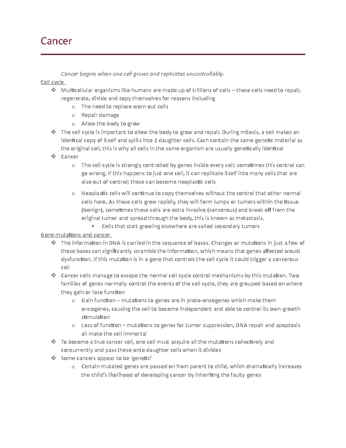 Study Notes - Cancer - Cancer Cancer begins when one cell grows and ...