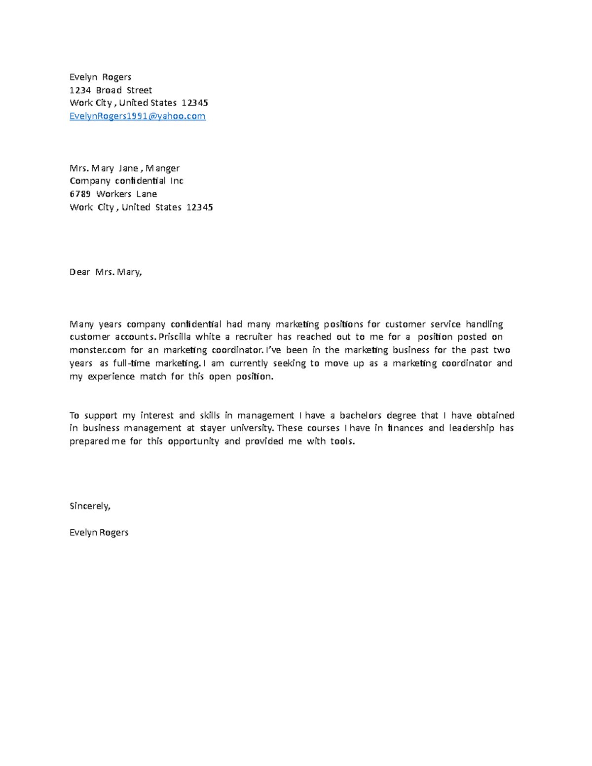 ENG 315- professional cover letter - Evelyn Rogers 1234 Broad Street ...