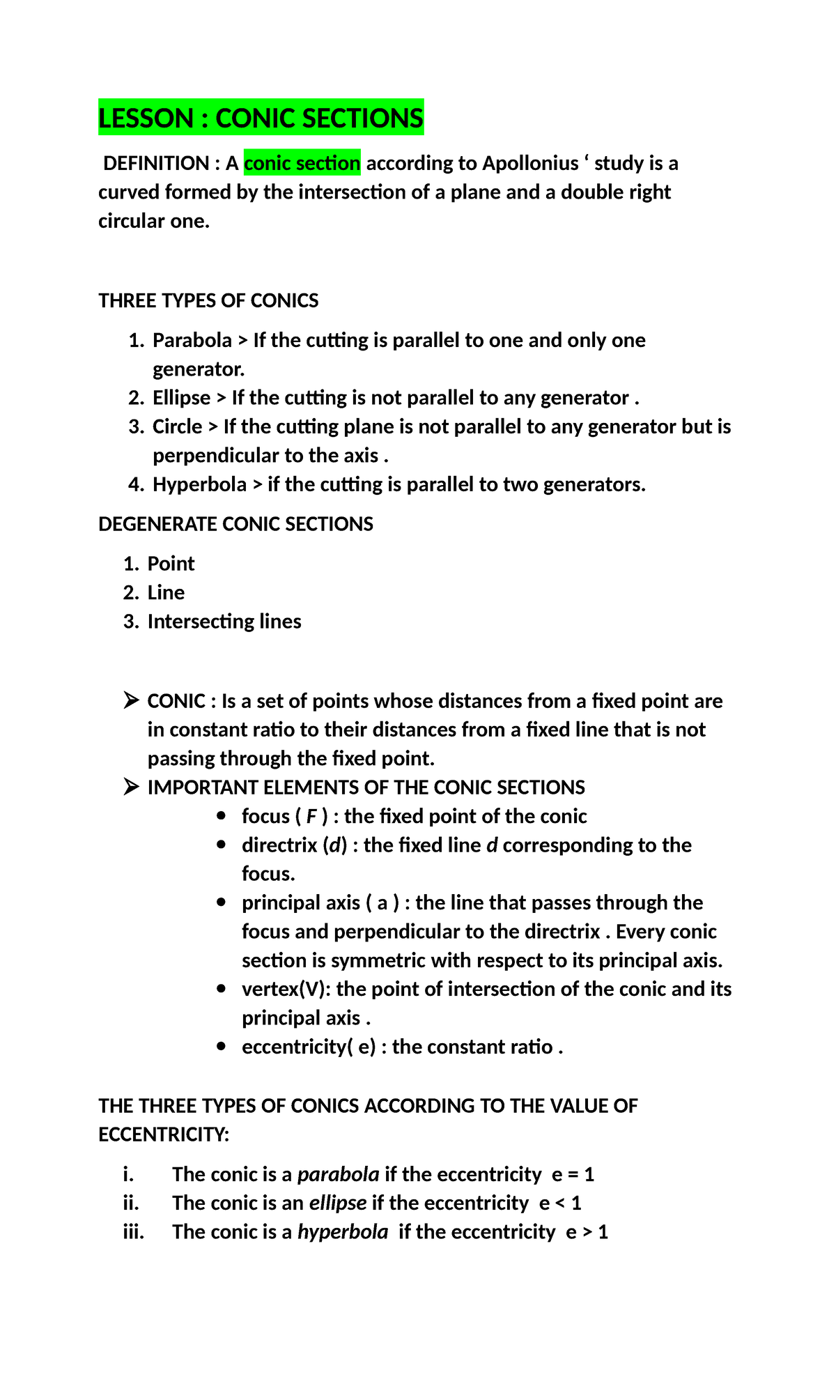 2024 2025 Lecture IN Precal WEEK1 - LESSON : CONIC SECTIONS DEFINITION ...
