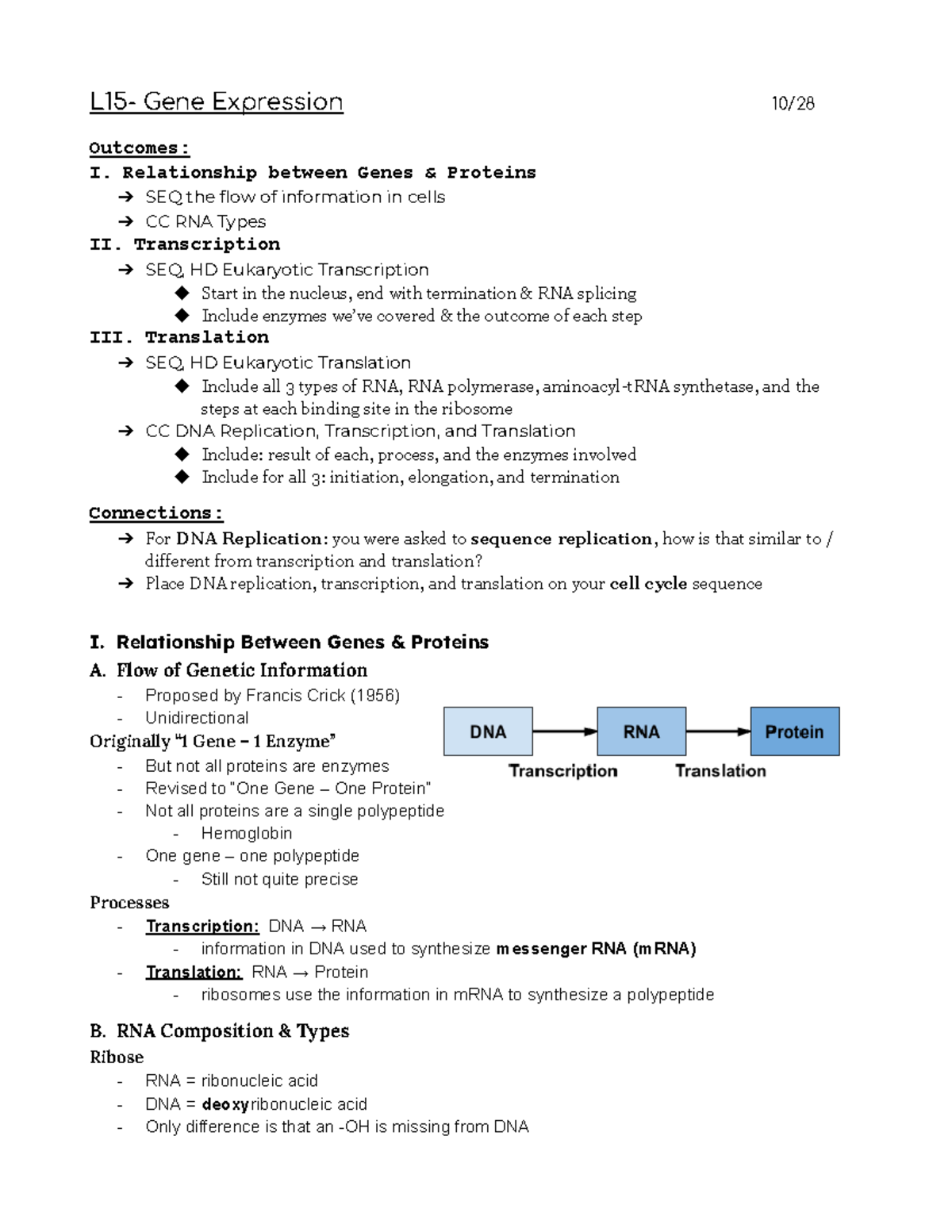 Lecture 15- Gene Expression - L15- Gene Expression 10/ Outcomes: I ...