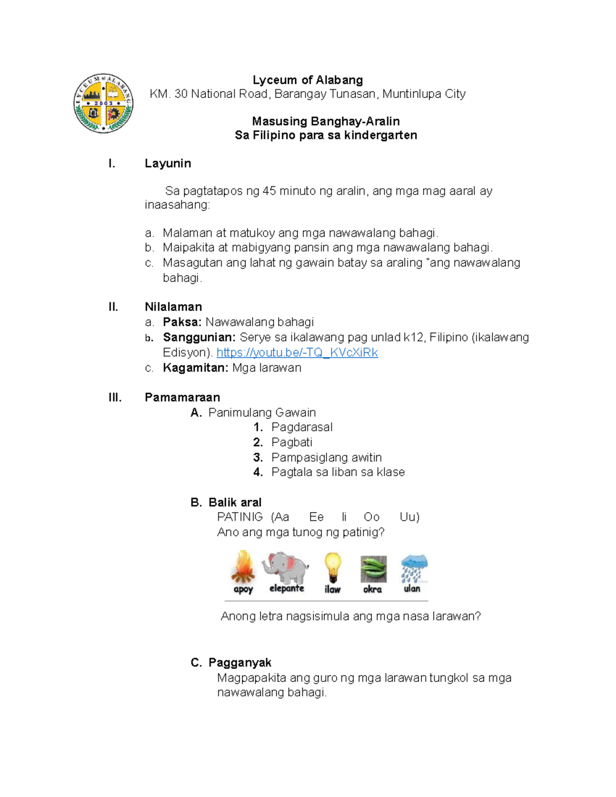 SEMI Detailed LP IN Filipino - Lyceum of Alabang KM. 30 National Road ...