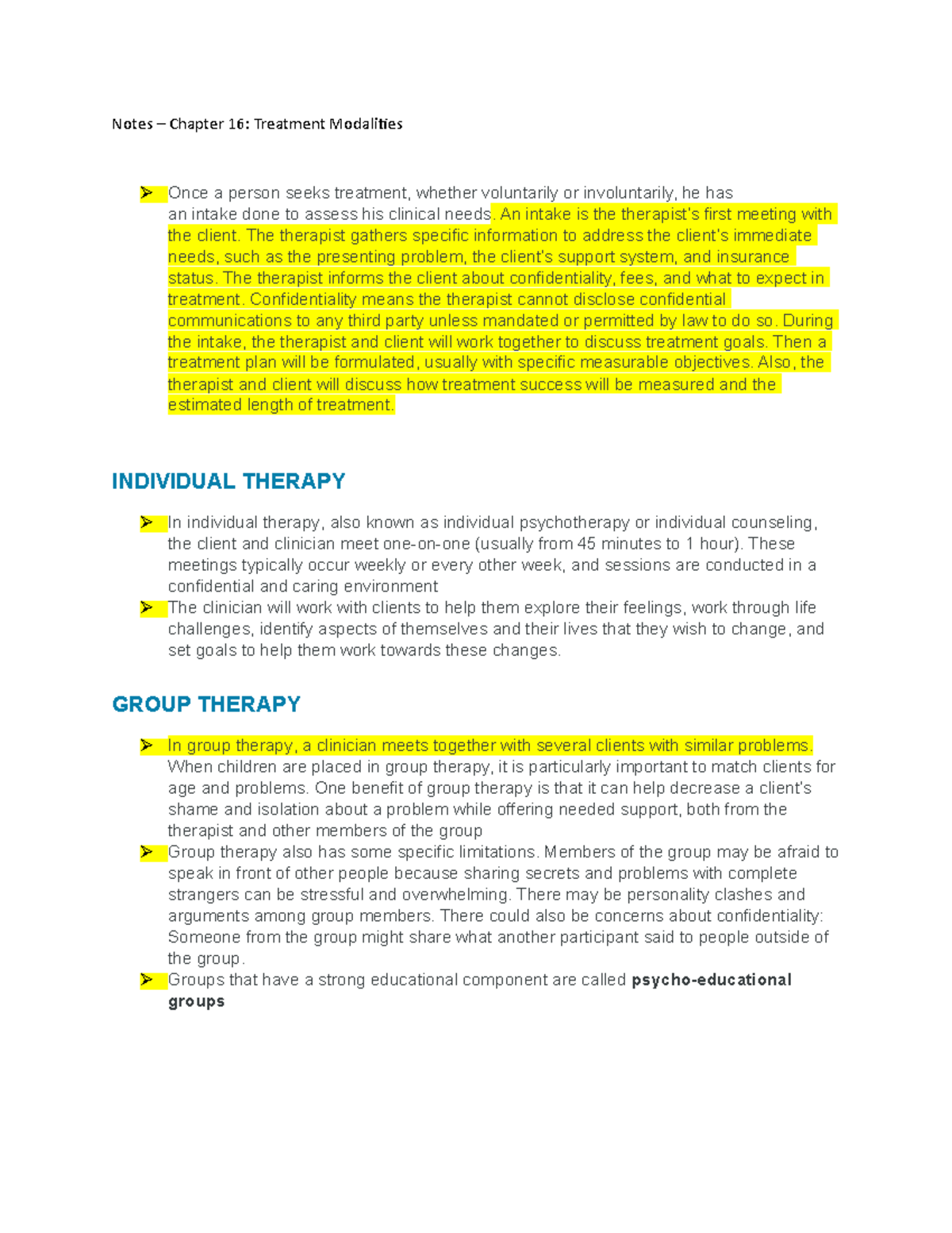 Notes - Types of Modalities ch 16 - Notes – Chapter 16: Treatment ...