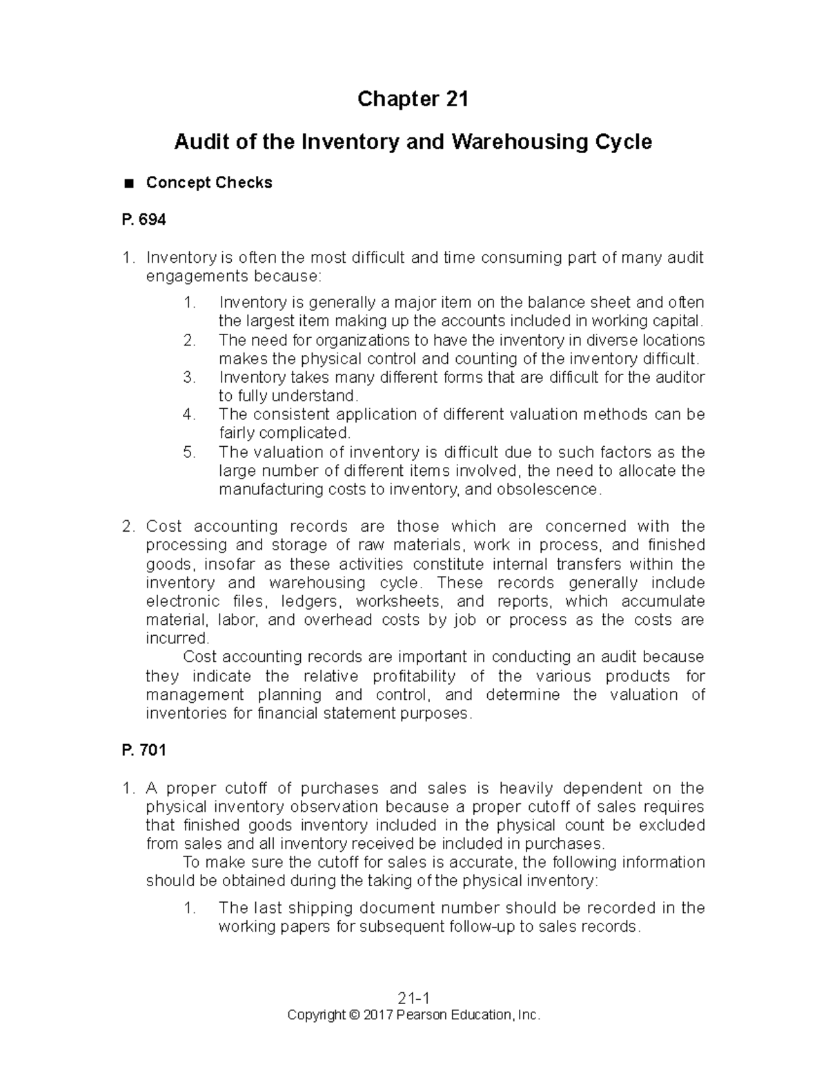Arens auditing 16e sm 21 - Chapter 21 Audit of the Inventory and Warehousing Cycle Concept ...
