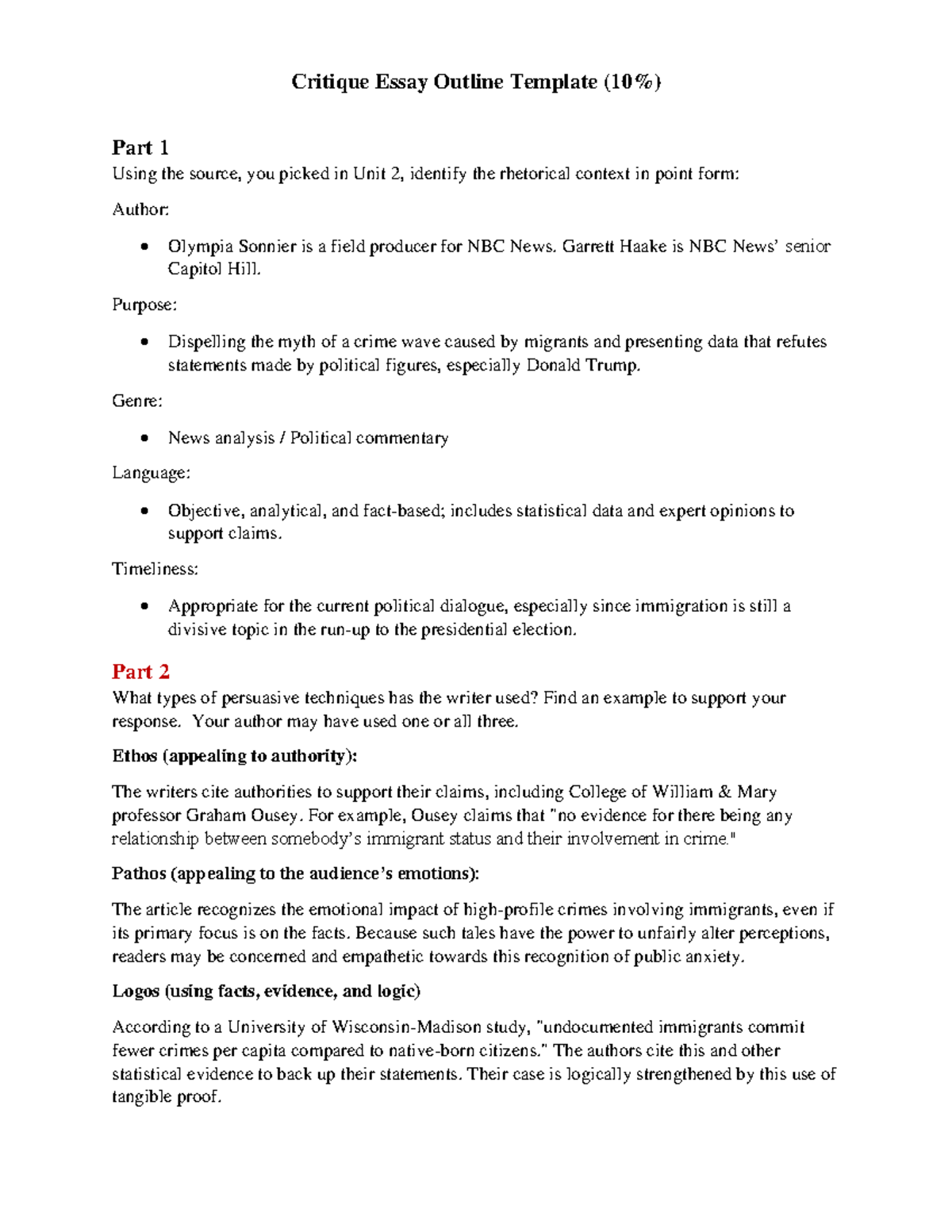 Project 1 Essay Outline - Critique Essay Outline Template (10%) Part 1 ...