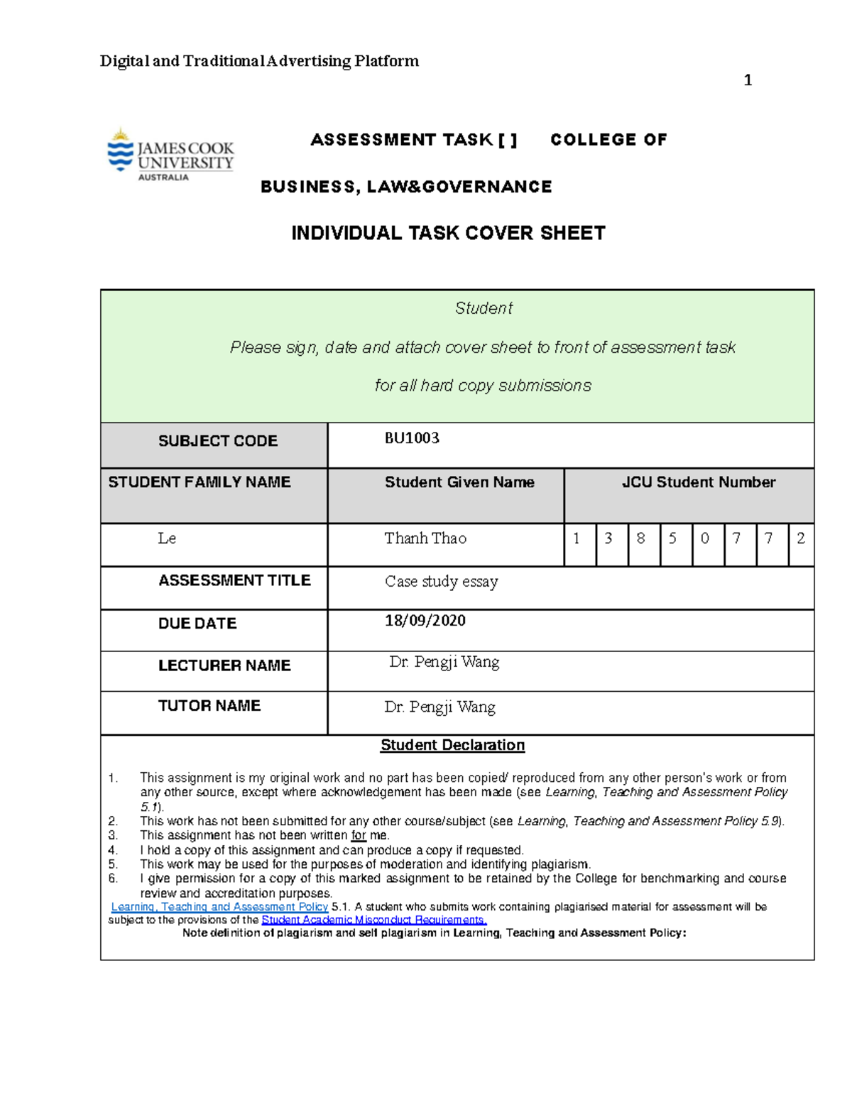 BU1003 Assessment - 1 ASSESSMENT TASK [ ] COLLEGE OF BUSINESS, LAW ...