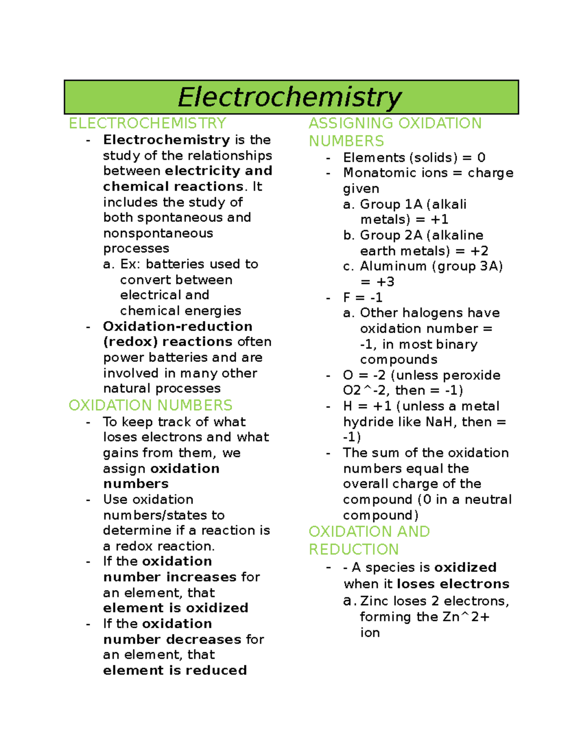 Chapter 20 Notes - Electrochemistry - Electrochemistry ELECTROCHEMISTRY ...