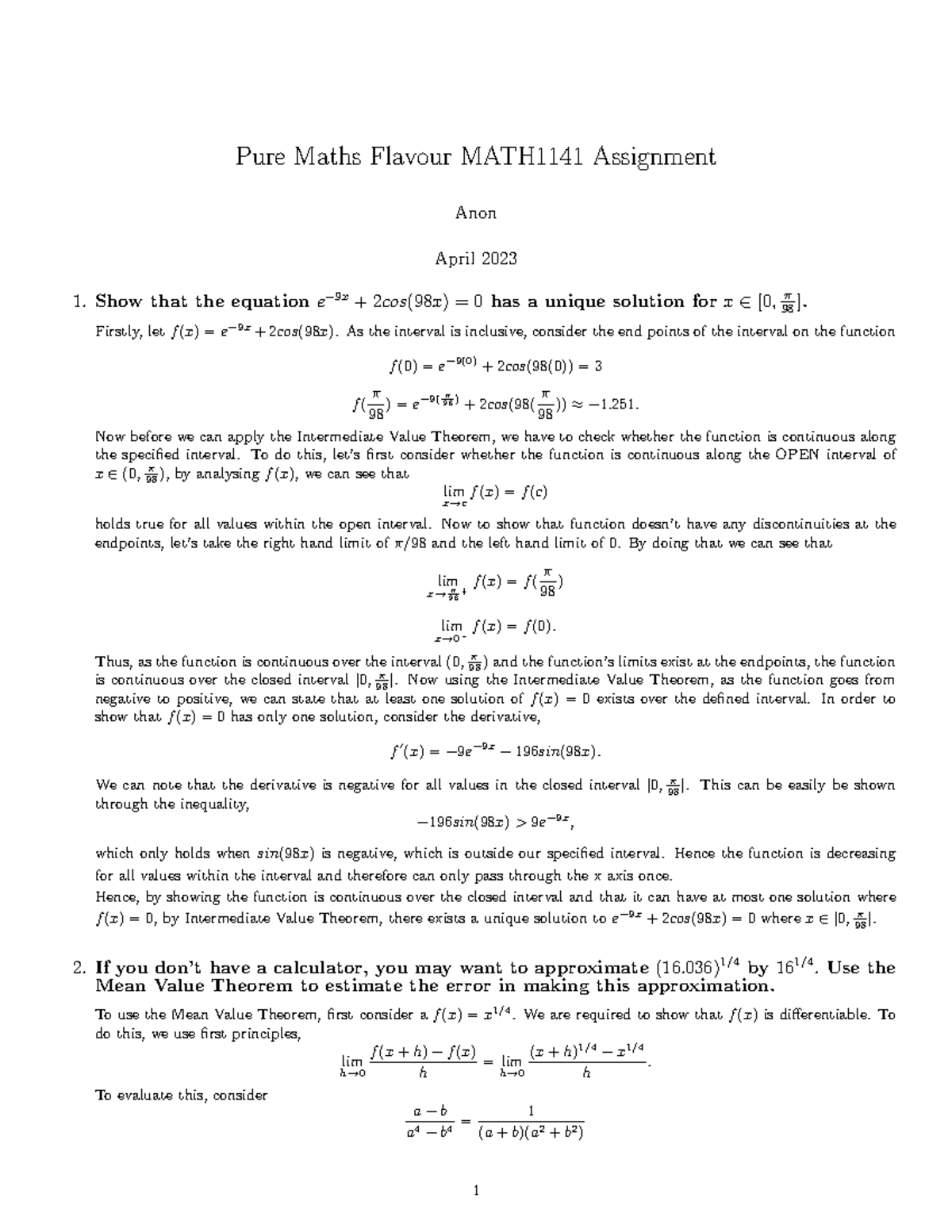 MATH1141 Assignment - Lost marks on certain improper typesetting and ...