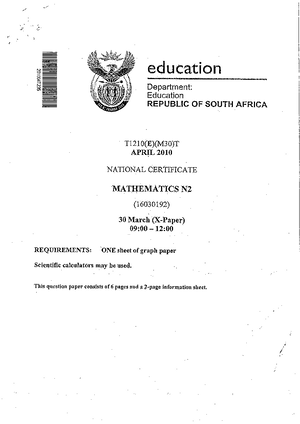 Mathematics N2 Y-Paper Apr 2015 - Mathematics for business - Studocu
