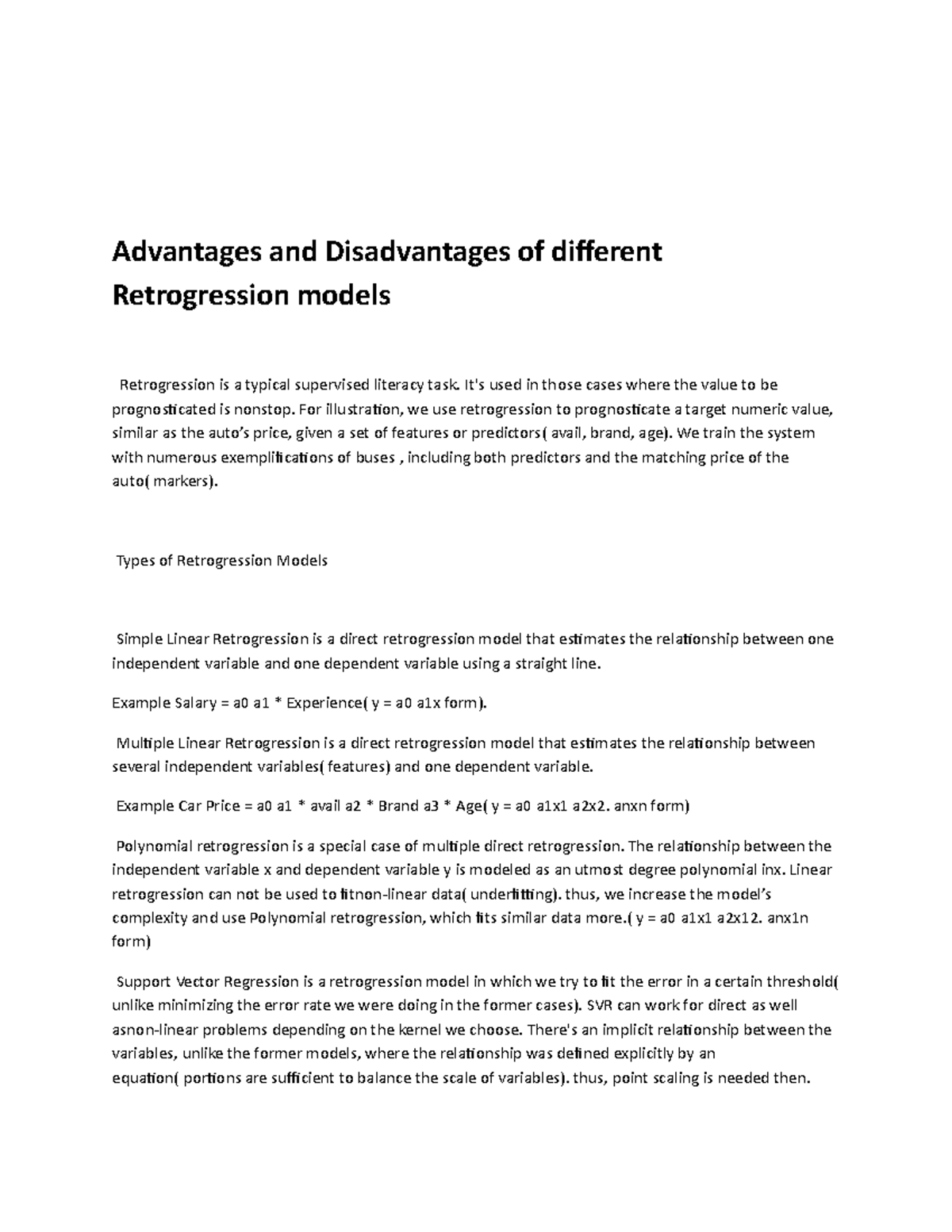 Advantages and Disadvantages of different Retrogression models ...