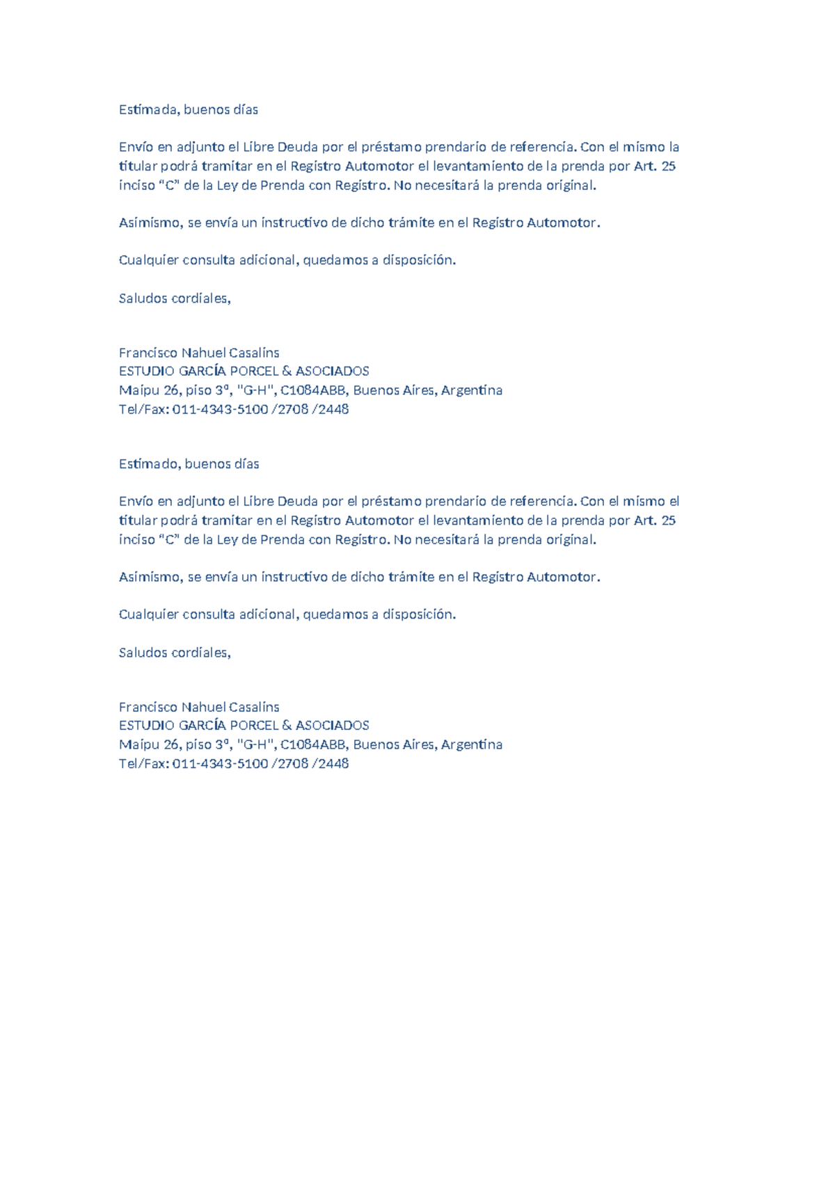 Modelo para email - Estimada, buenos días Envío en adjunto el Libre ...