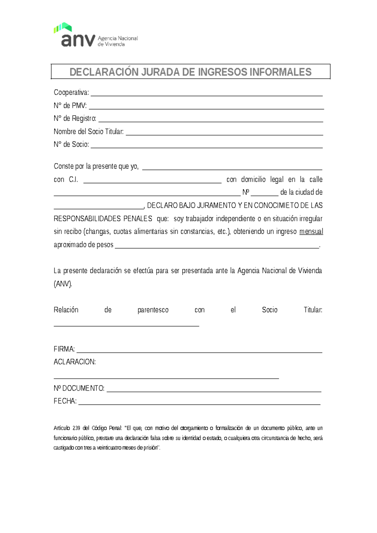 Modelo De Declaracion Jurada