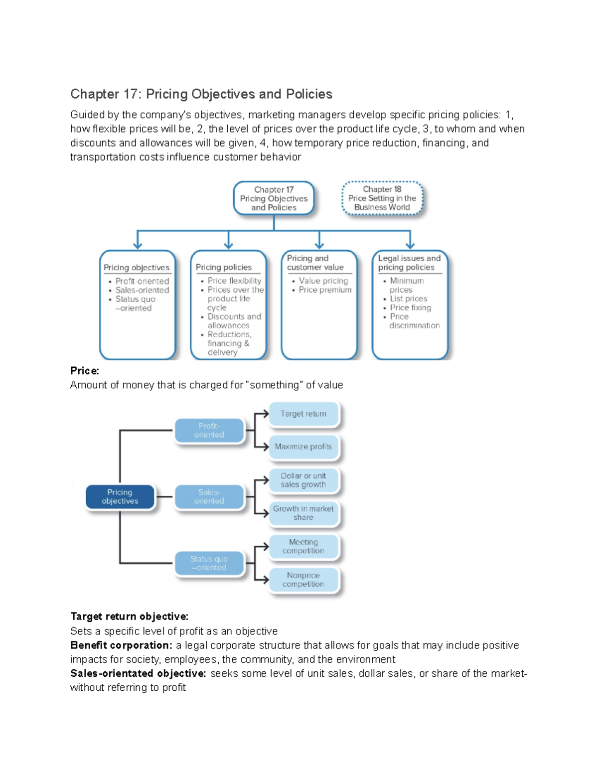 MKT300 Chapters 17/18 - Chapter 17: Pricing Objectives and Policies ...