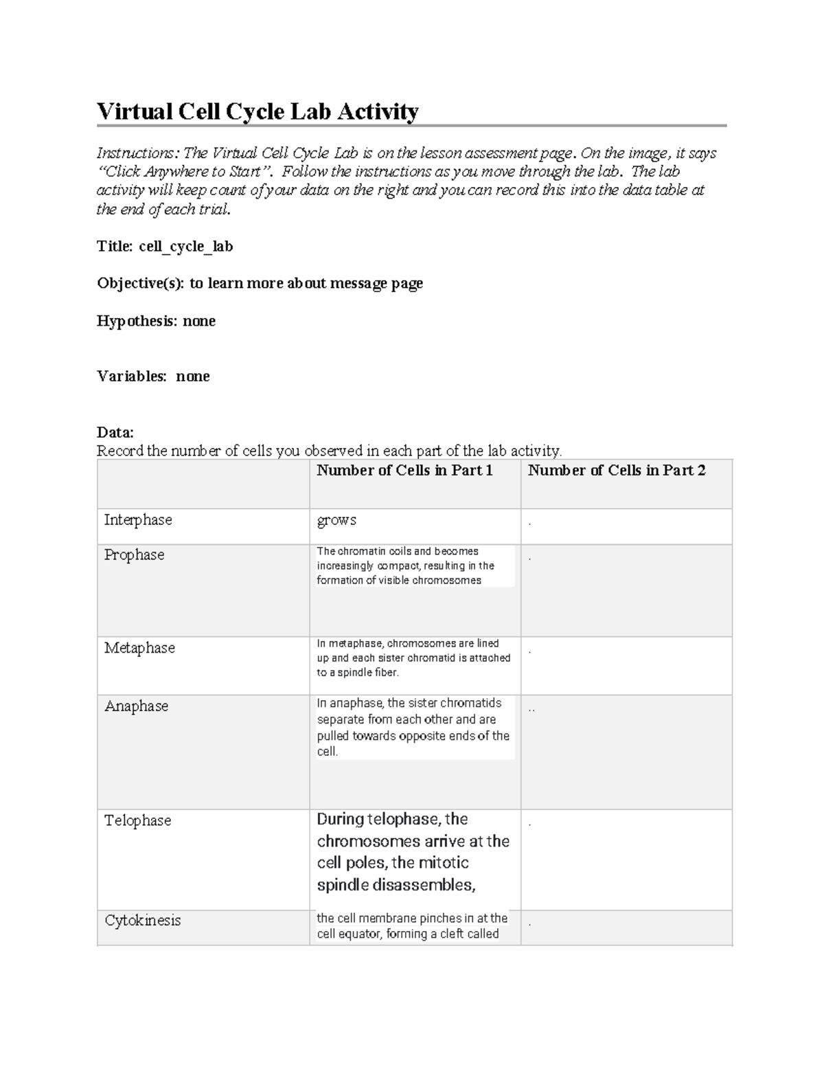 03 01 virtual cell cycle lab report template - Virtual Cell Cycle Lab ...