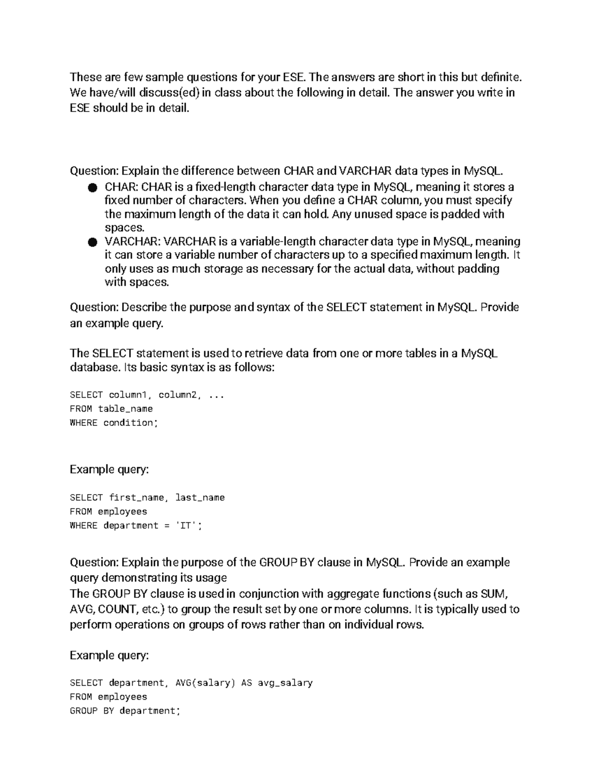 Sample Paper for Preparation - These are few sample questions for your ...