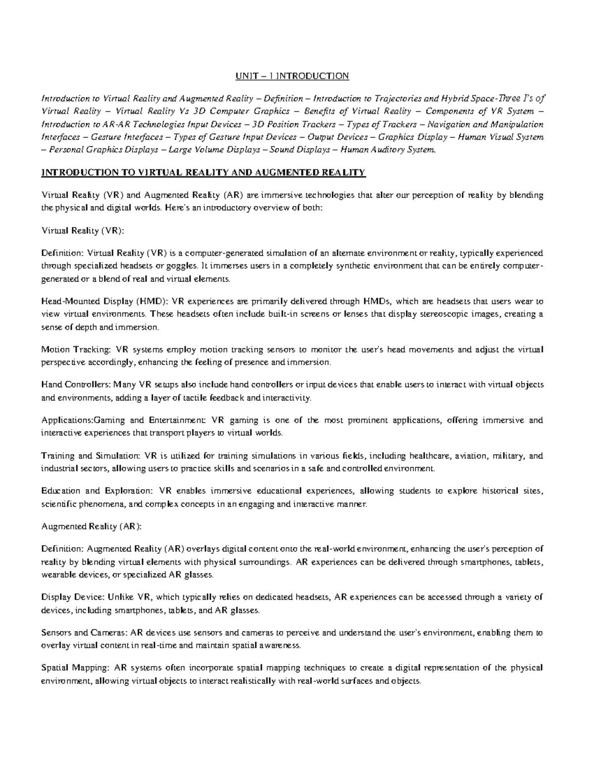 AR VR 1st Unit - Arvr notes - UNIT – 1 INTRODUCTION Introduction to ...