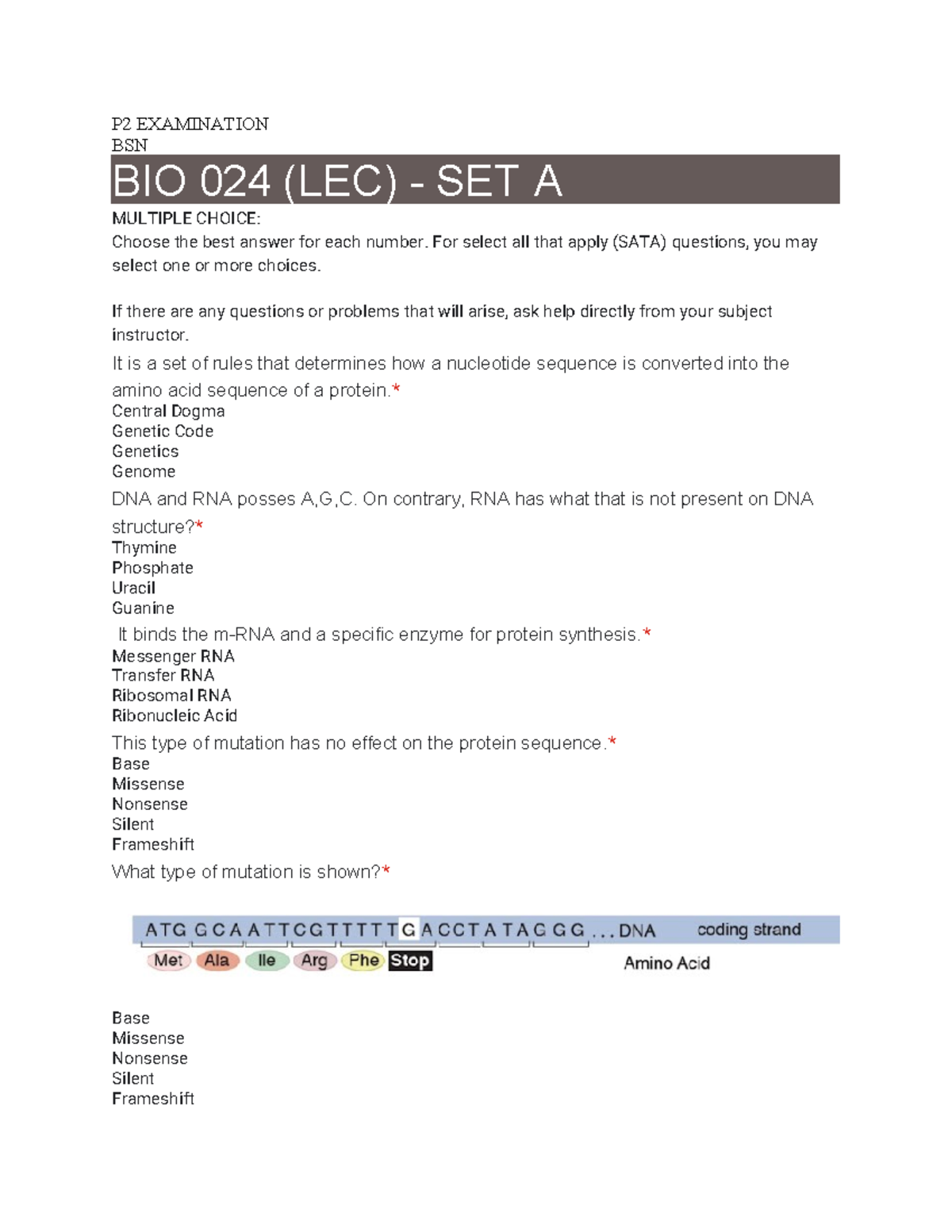P2 Examination - P2 EXAMINATION BSN BIO 024 (LEC) - SET A MULTIPLE ...
