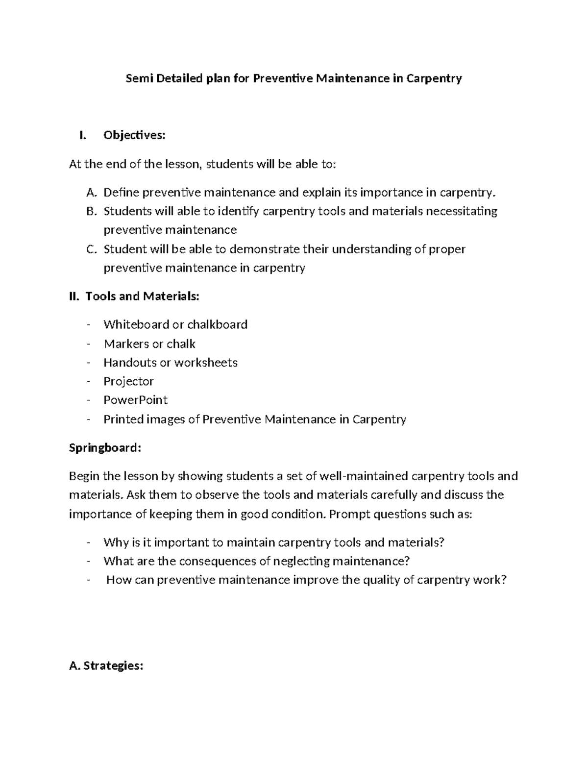 Simi detailed lesson plan - Semi Detailed plan for Preventive ...