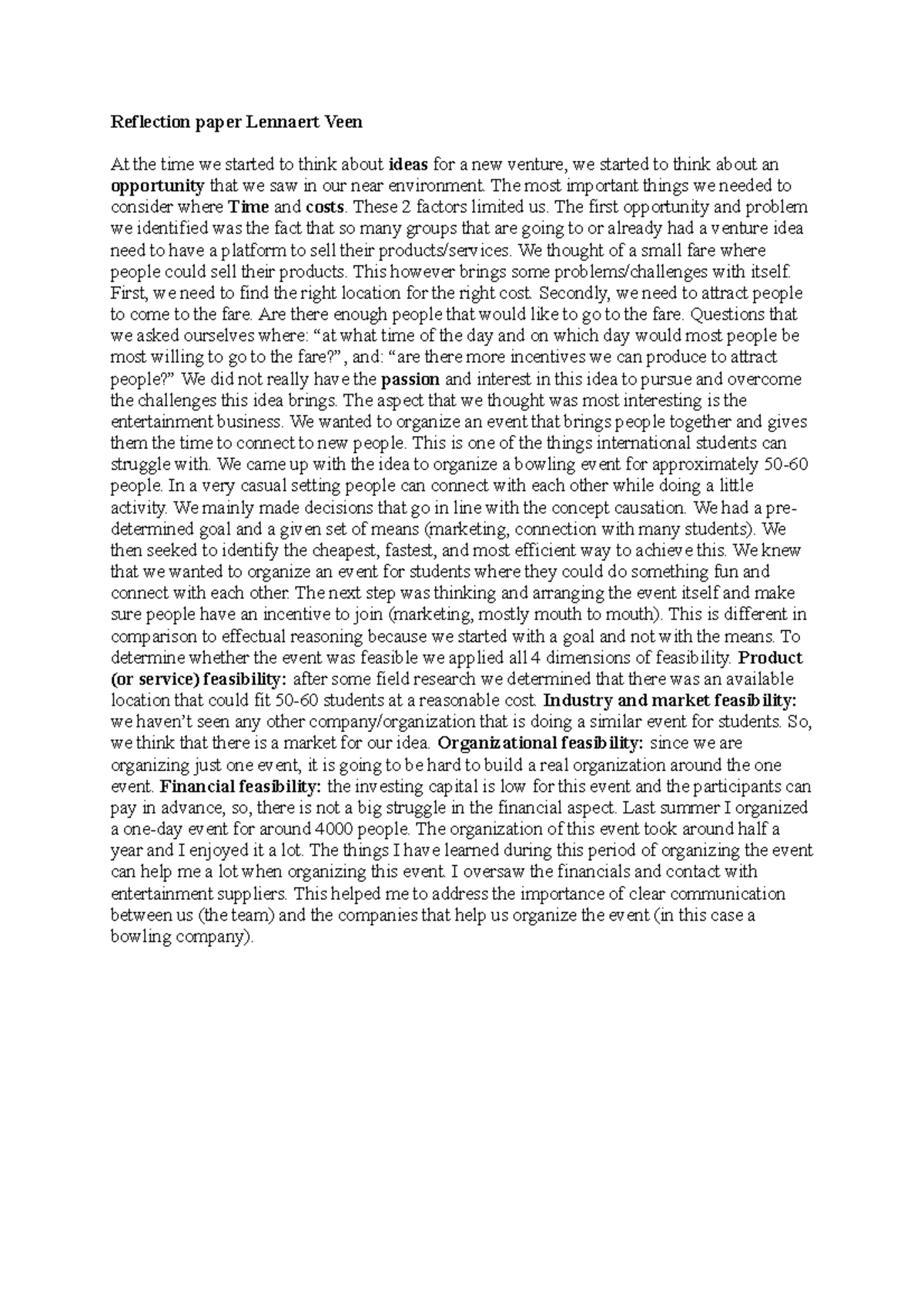 Self-refelection entrepreneurship - Reflection paper Lennaert Veen At ...