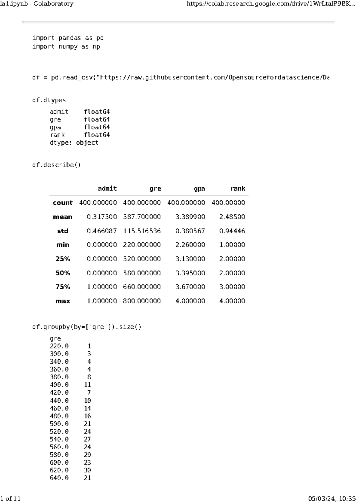 Dsbda 1 - nah - import pandas as pd import numpy as np df = - Studocu