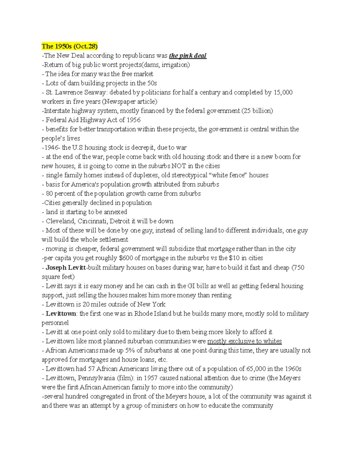 HIST Notes-2 - All the notes. - The 1950s (Oct) -The New Deal according ...