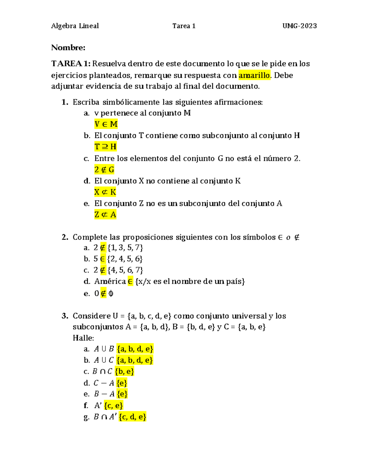 Algebrar Lineal - Conjuntos - Nombre: TAREA 1: Resuelva dentro de este ...