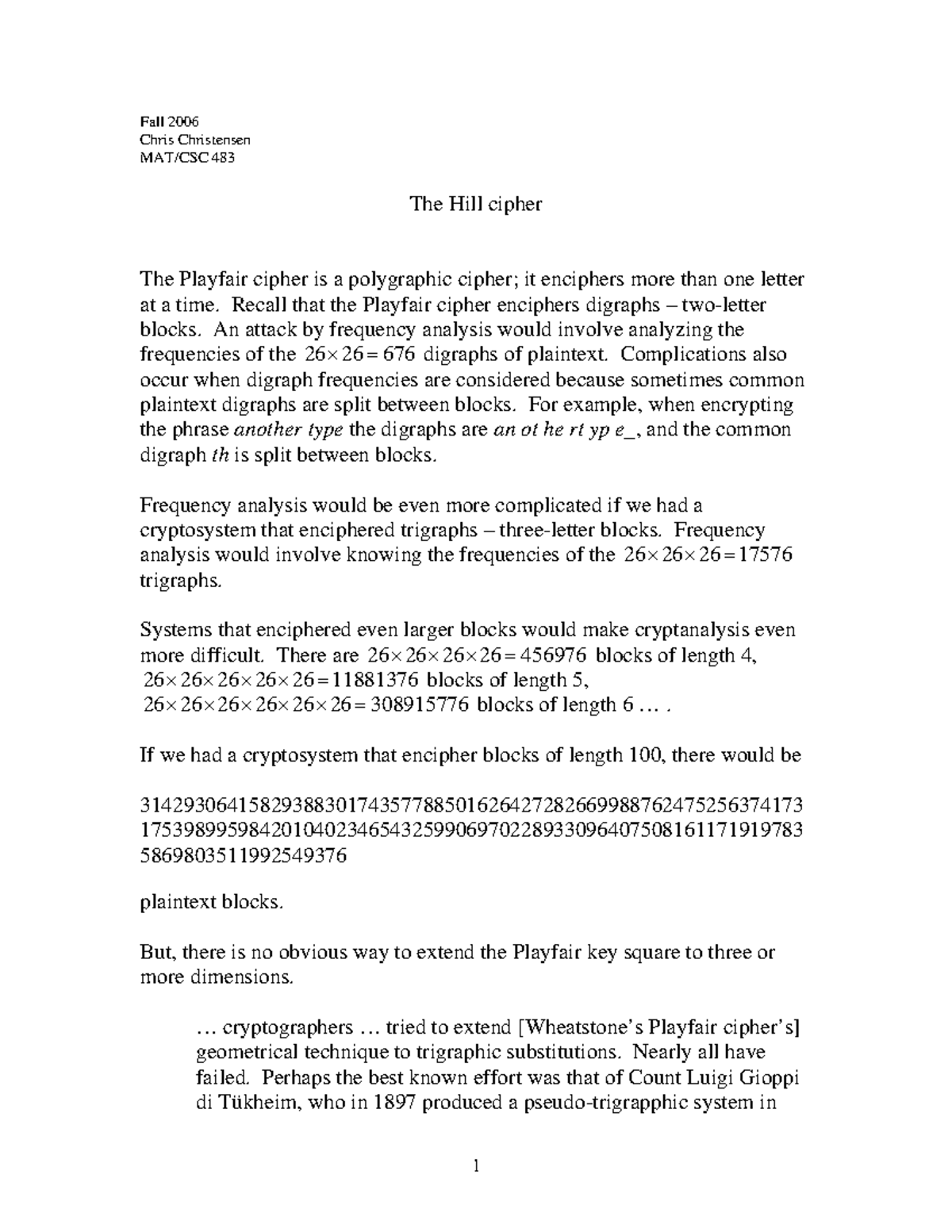 Hill Cipher Problems Cipher Problems wiht exaplantions - Fall 2006 ...