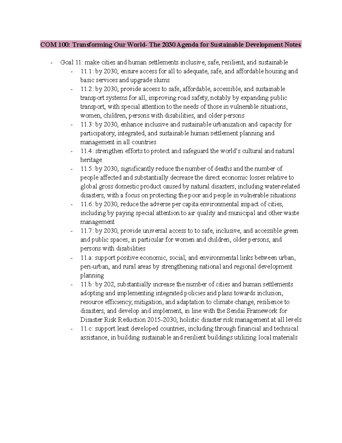 Transforming Our World- Declaration "Goal 11" Notes - COM 100 ...