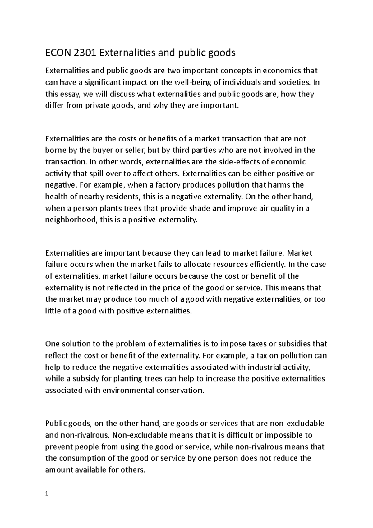 ECON 2301 Externalities and public goods - In this essay, we will ...