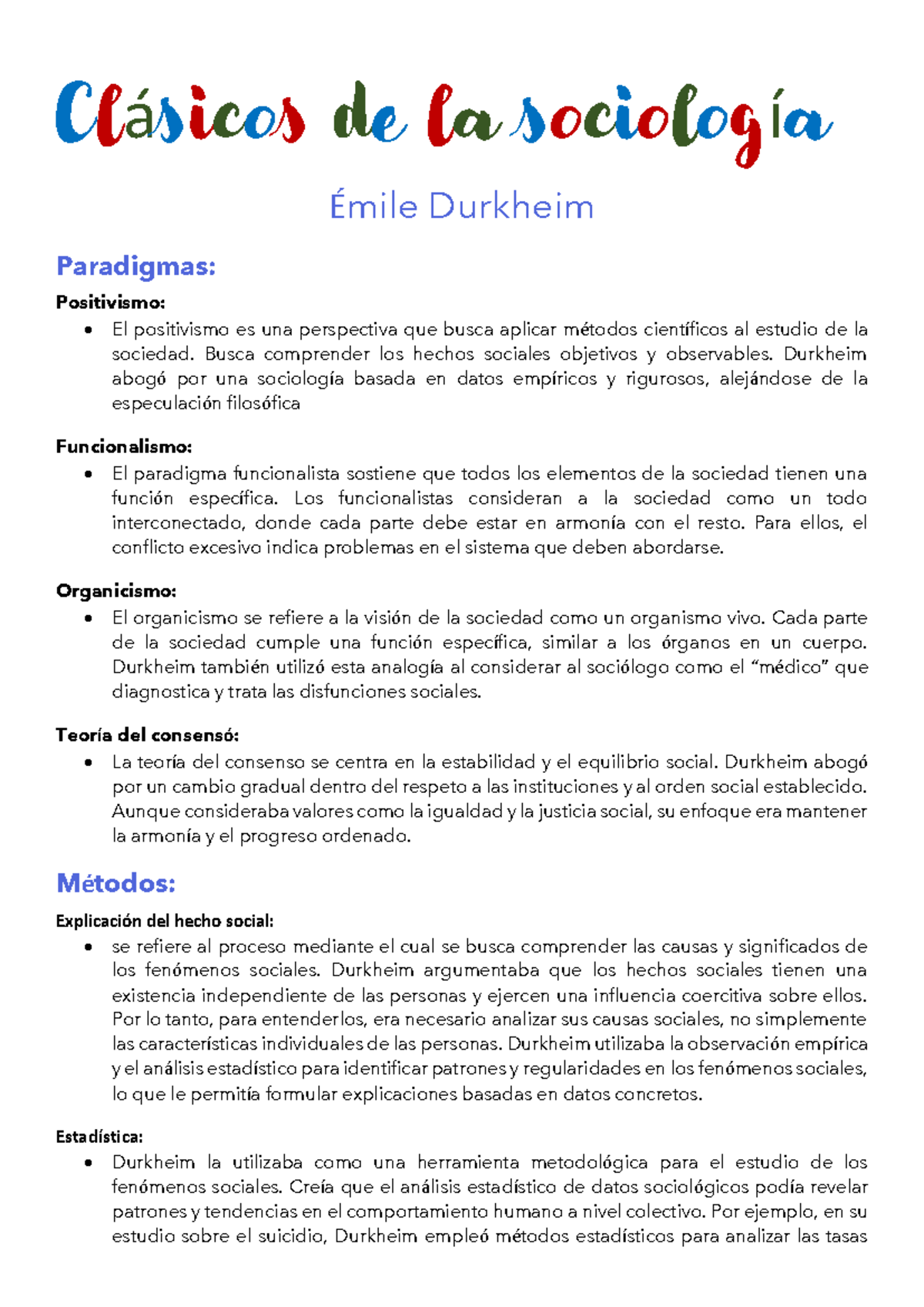 Clásicos de la sociología - Clásicos de la sociología Émile Durkheim Paradigmas: Positivismo ...