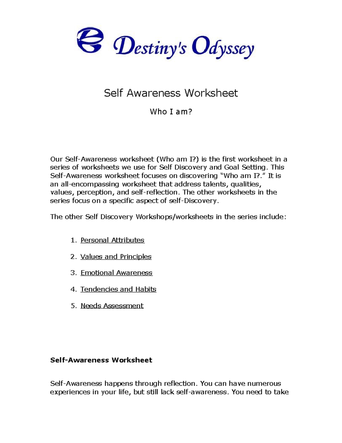 Self-Awareness-Workshop - Self Awareness Worksheet Who I am? Our Self ...