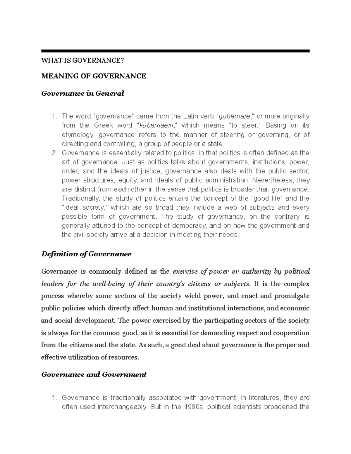 WHAT IS Governance - notes - WHAT IS GOVERNANCE? MEANING OF GOVERNANCE ...