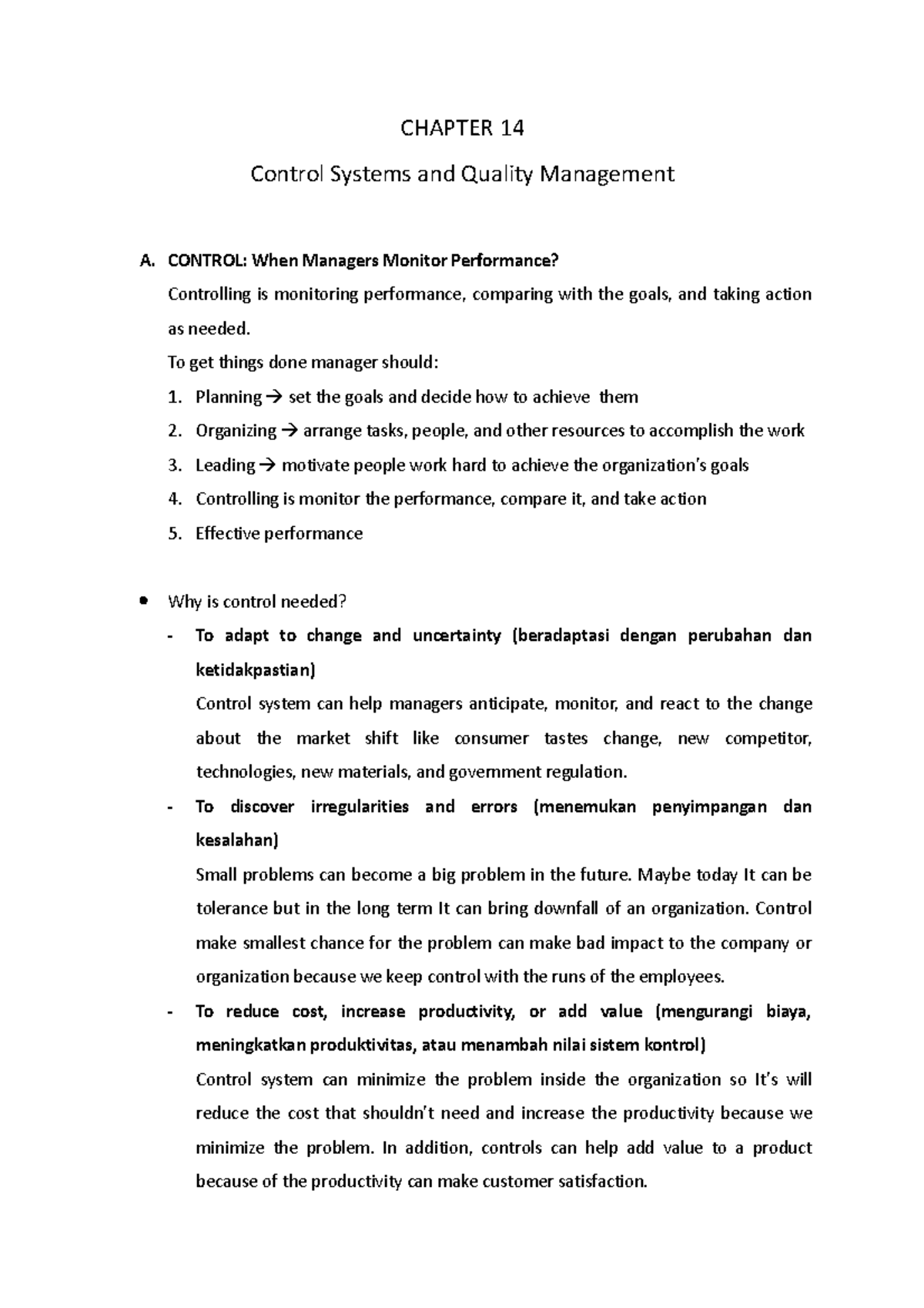 Chapter 14 - CHAPTER 14 Control Systems and Quality Management A ...