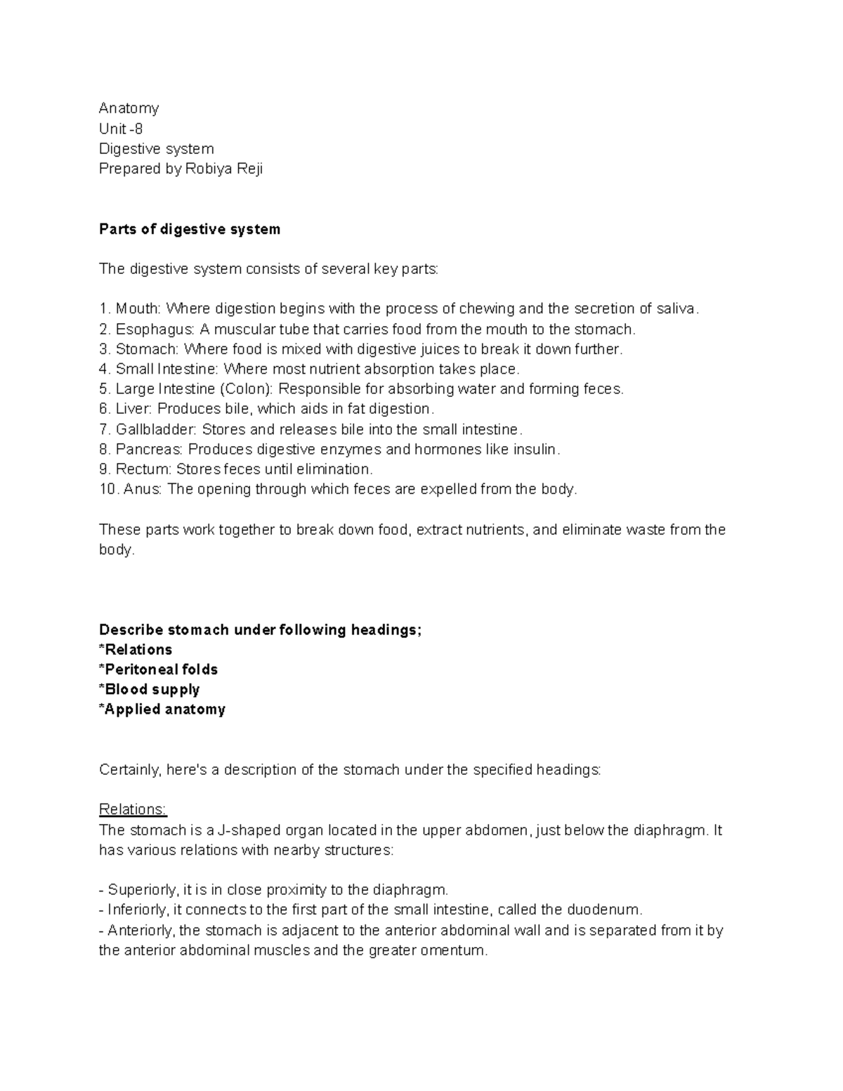 Detailed Notes of Digestive System and its parts - Anatomy Unit ...