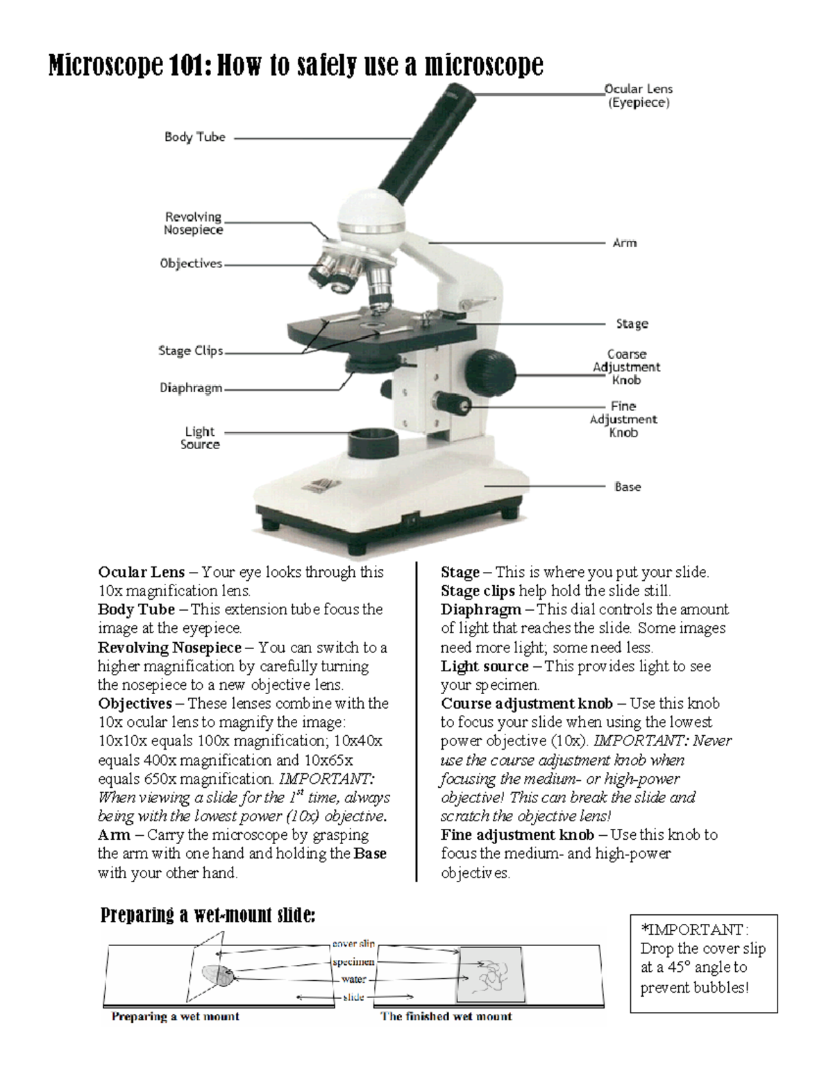 Microscope Mini lesson and Quiz-1 - Microscope 101: How to safely use a ...