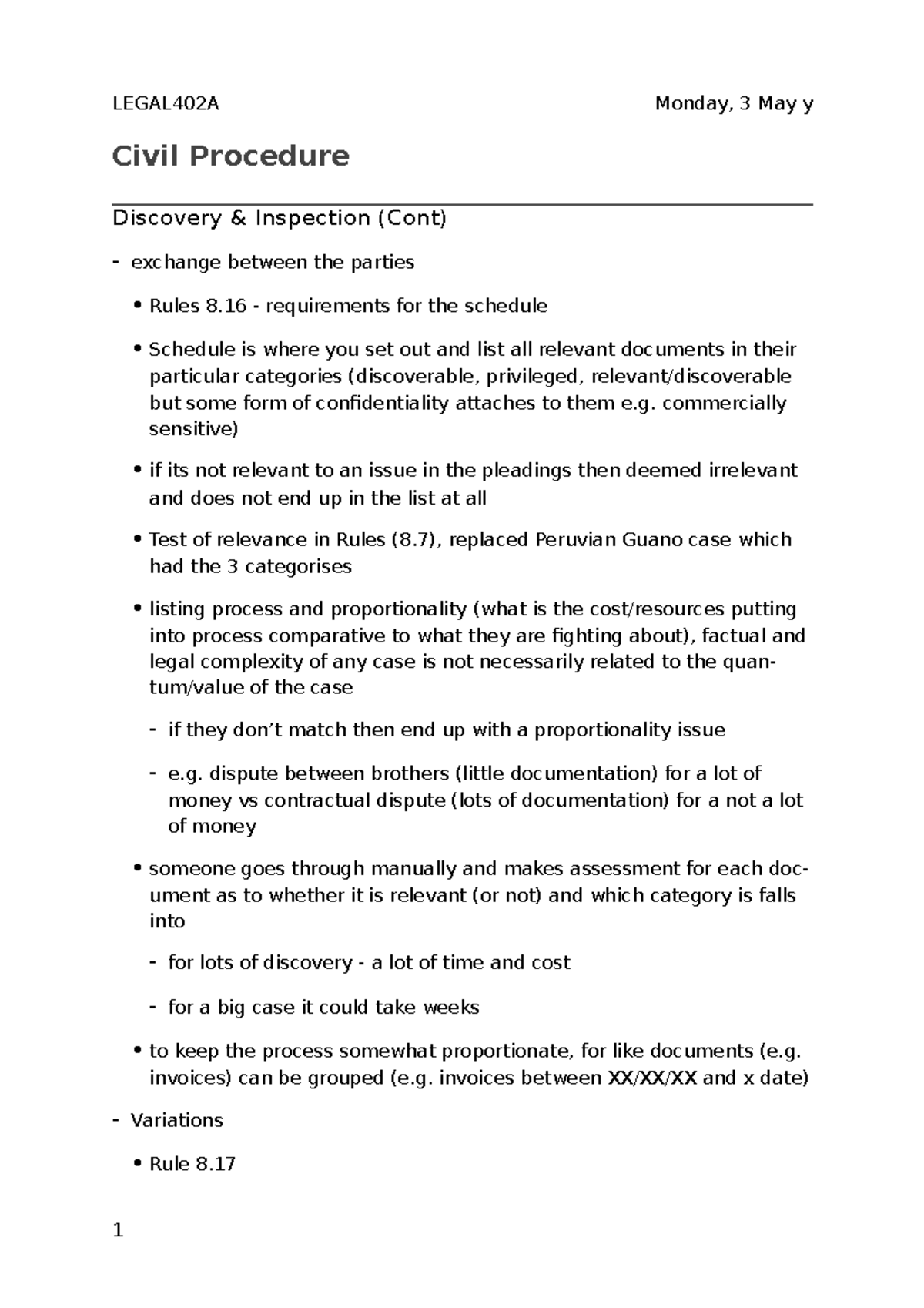 LEGAL402 A - 13-04-18 - Lecture notes 11 - Civil Procedure Discovery ...