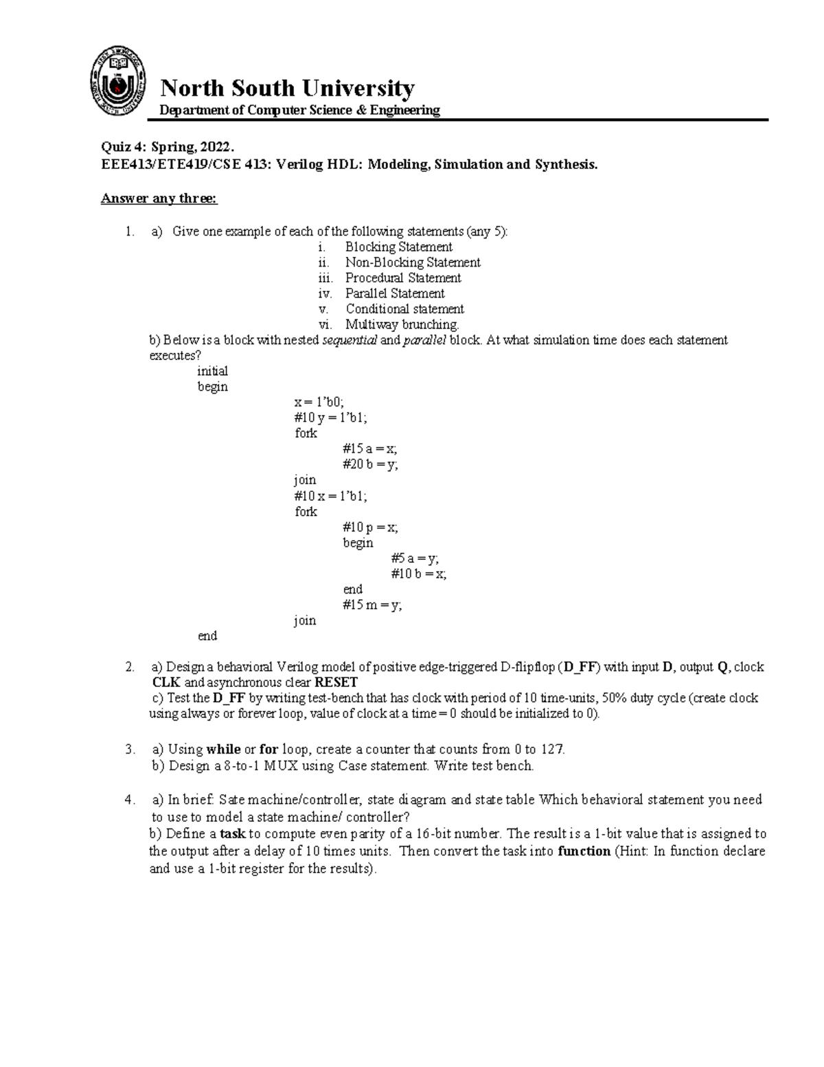 Quiz-4-Chap-7-and-8 - Verilog - North South University Department of ...