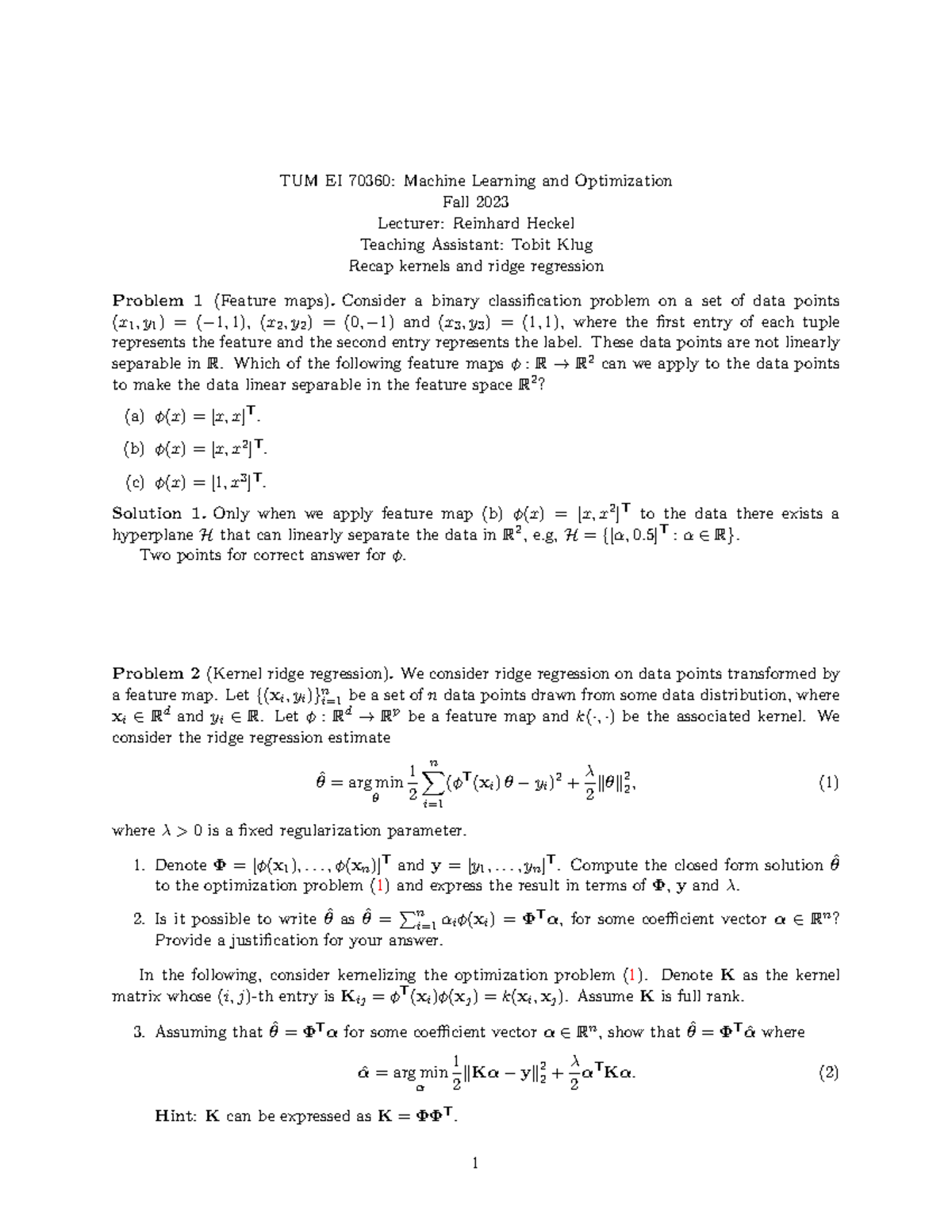 Exercise kernel RR - TUM EI 70360: Machine Learning and Optimization Fall 2023 Lecturer ...
