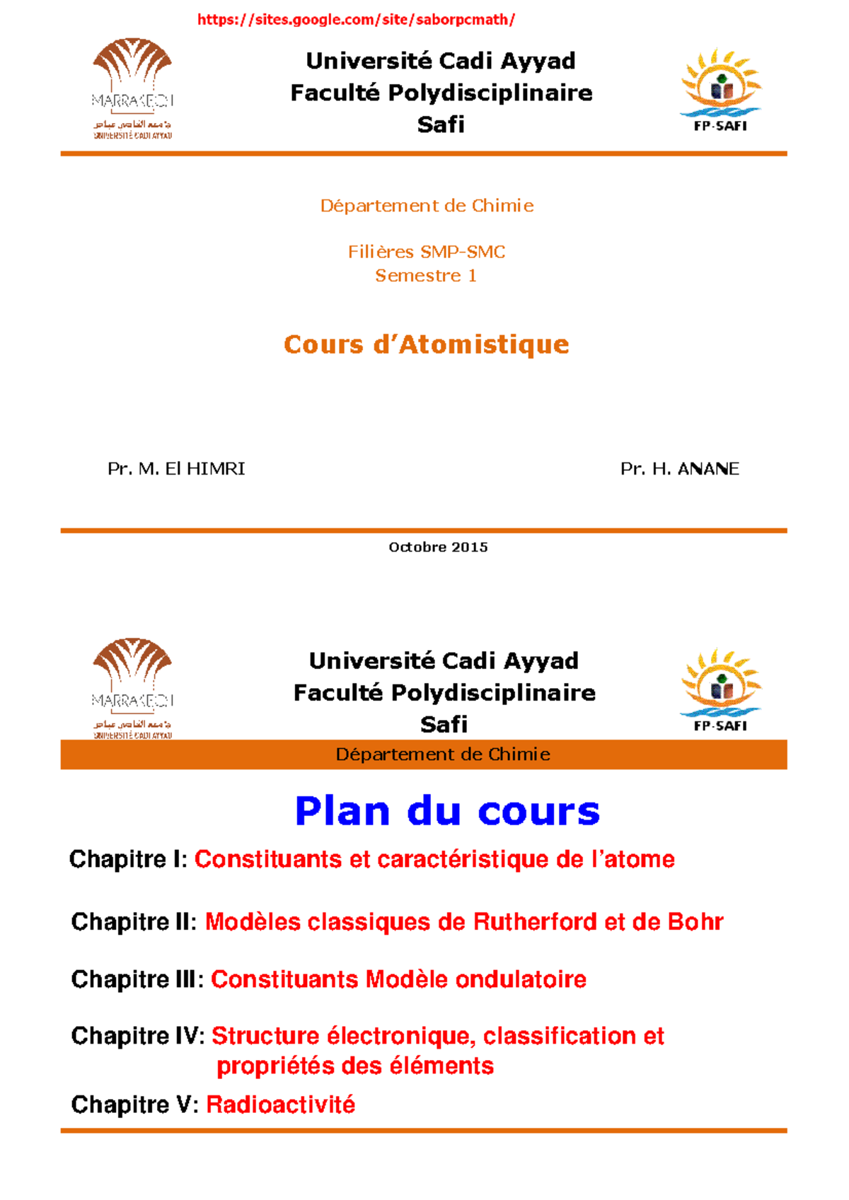 Cours Atomistique FPS-SAFI - Université Cadi Ayyad Faculté ...