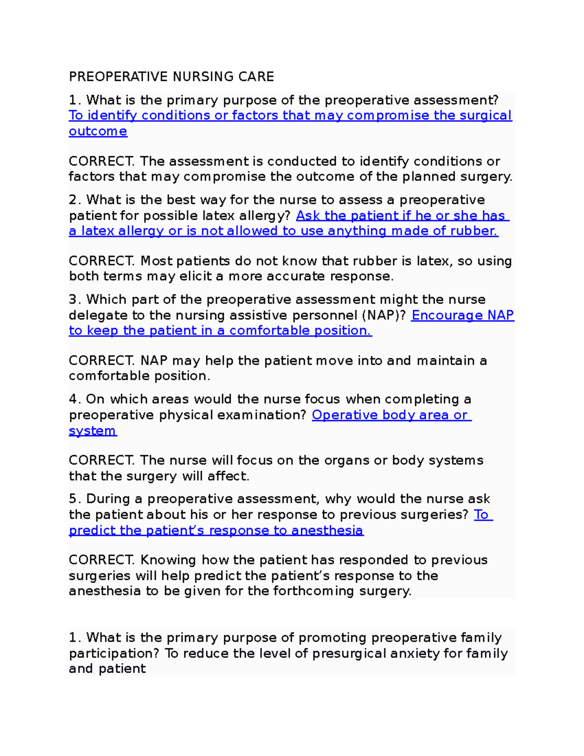 QUIZ Mosby - Preoperative Nursing CARE - PREOPERATIVE NURSING CARE What ...